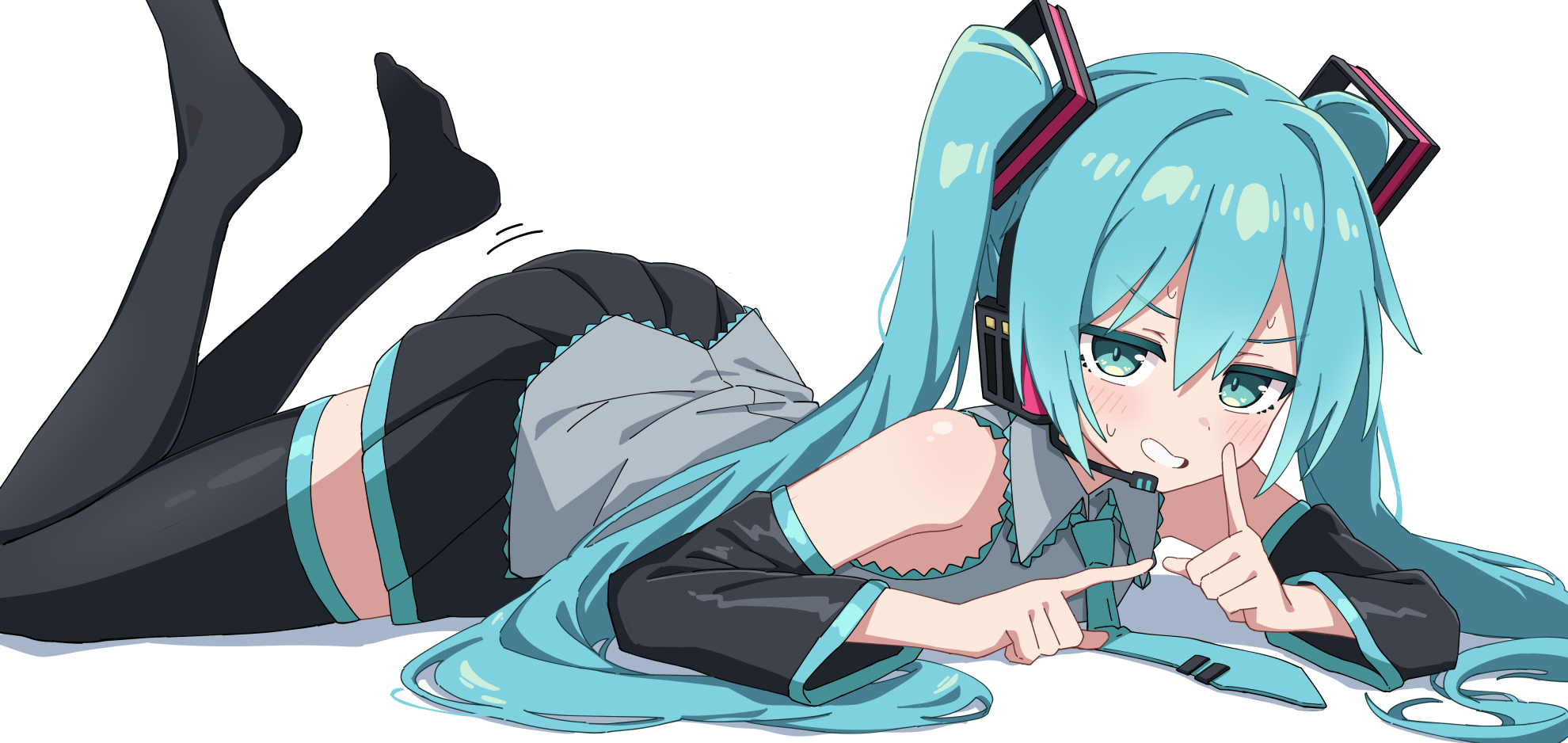 Safebooru - 1girl aqua eyes aqua hair aqua necktie aqua trim bare shoulders black footwear black ...