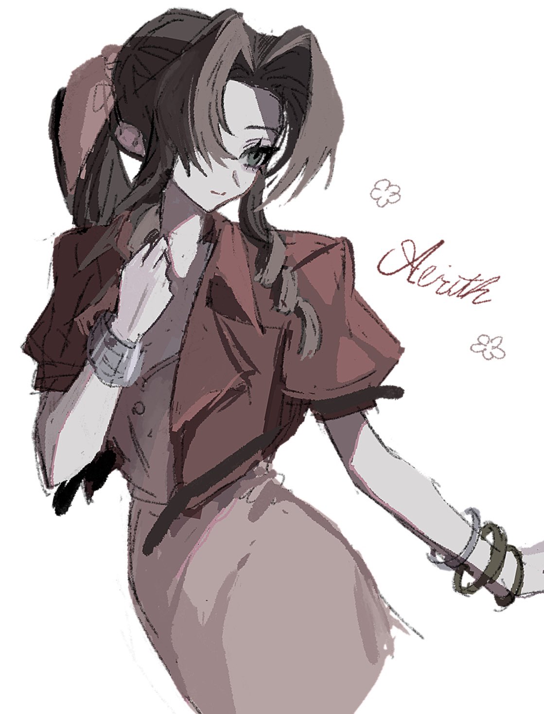 Safebooru - 1girl aerith gainsborough bangle bracelet braid braided ponytail brown hair ...