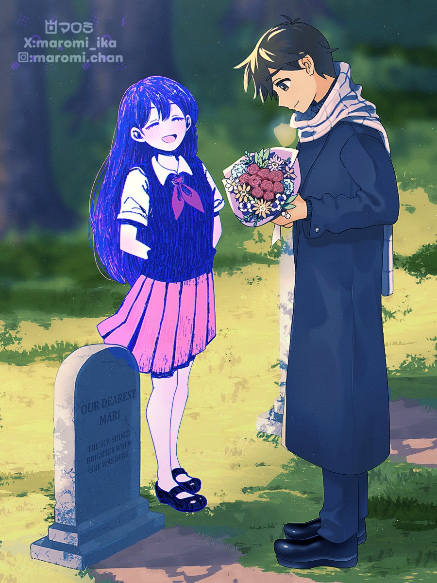 Safebooru - 1boy 1girl black footwear black hair bouquet coat commentary english commentary ...