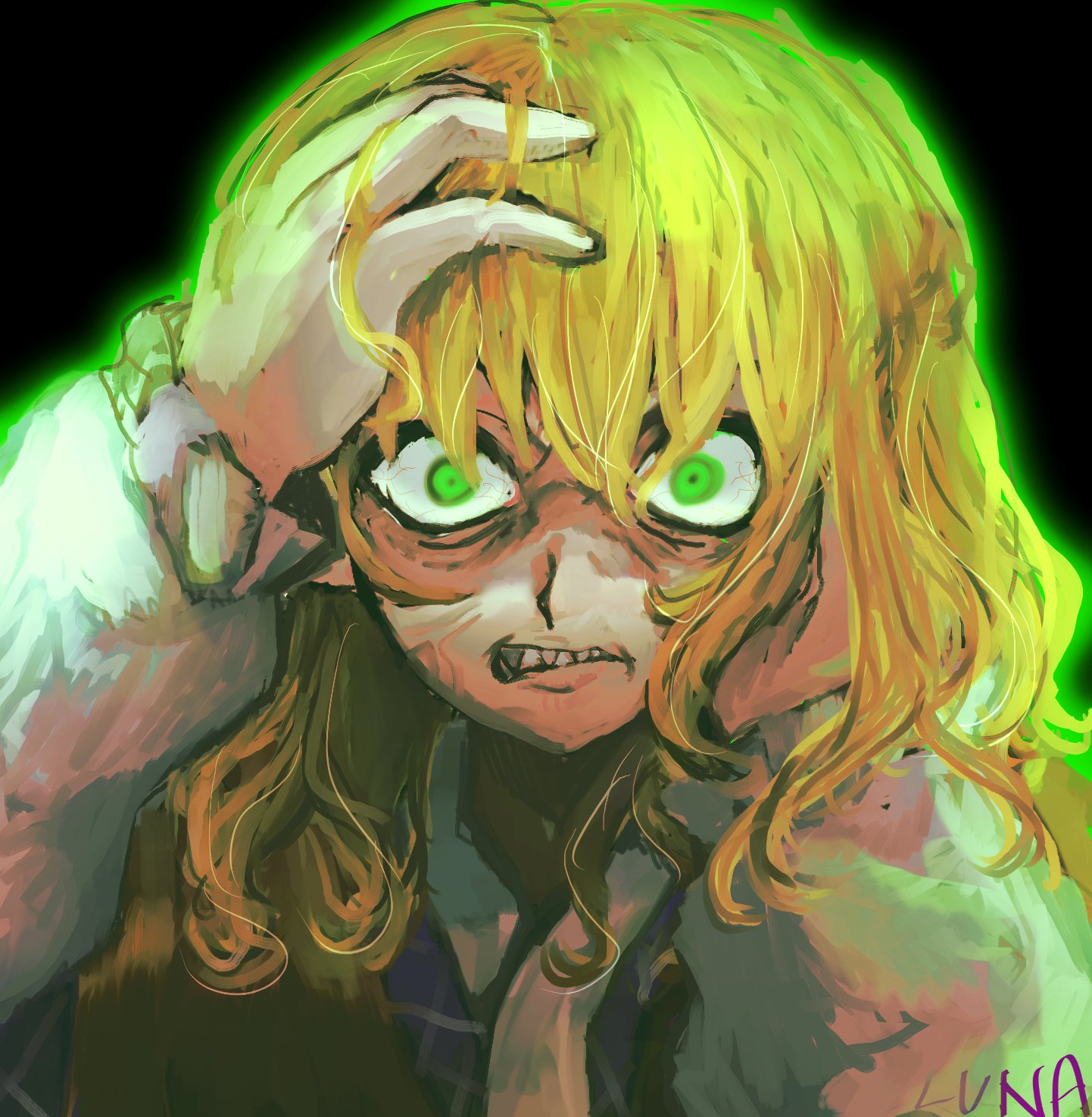 Safebooru - 1girl angry arm warmers aura bags under eyes black background blonde hair bloodshot ...