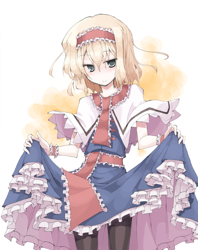 Safebooru - alice margatroid blonde hair capelet dress dress lift green eyes hairband mochiki ...