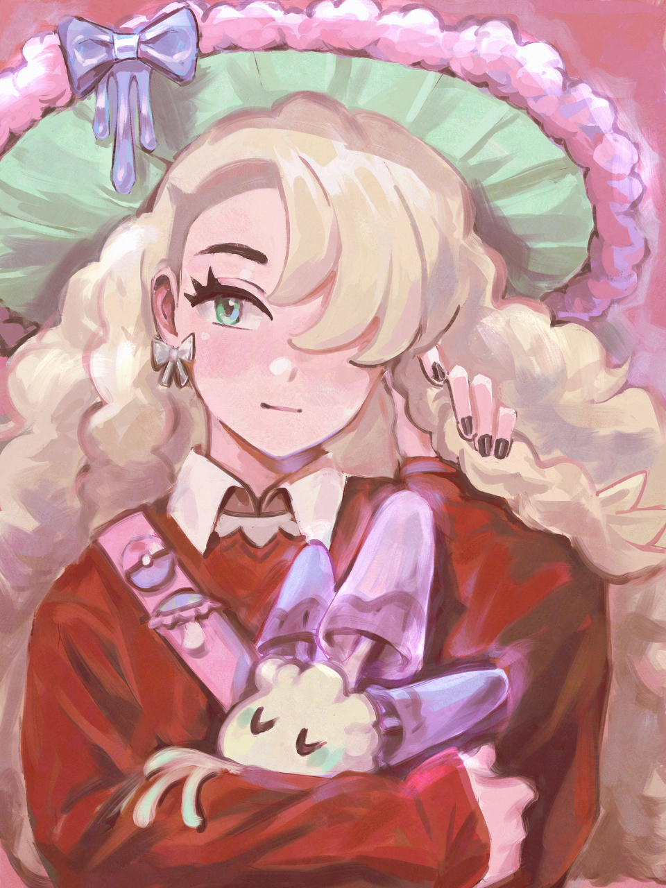 Safebooru - 1girl big hair black nails blonde hair bow bow earrings ...