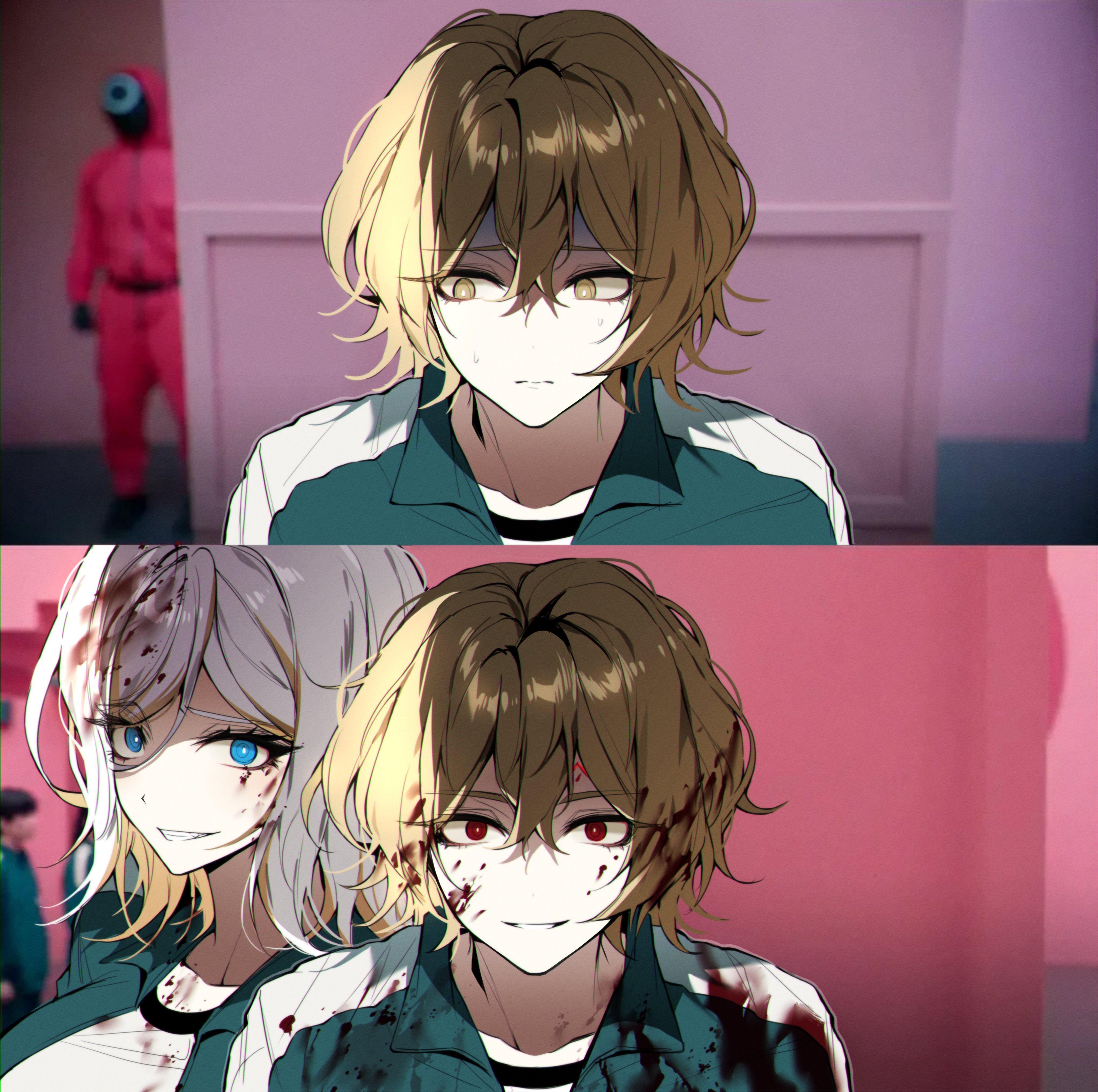 Safebooru - 1boy 1girl absurdres aqua jacket before and after blonde ...