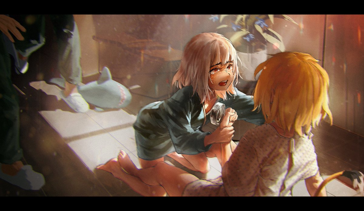 Safebooru - 2girls 2others backlighting barefoot bench blonde hair ...
