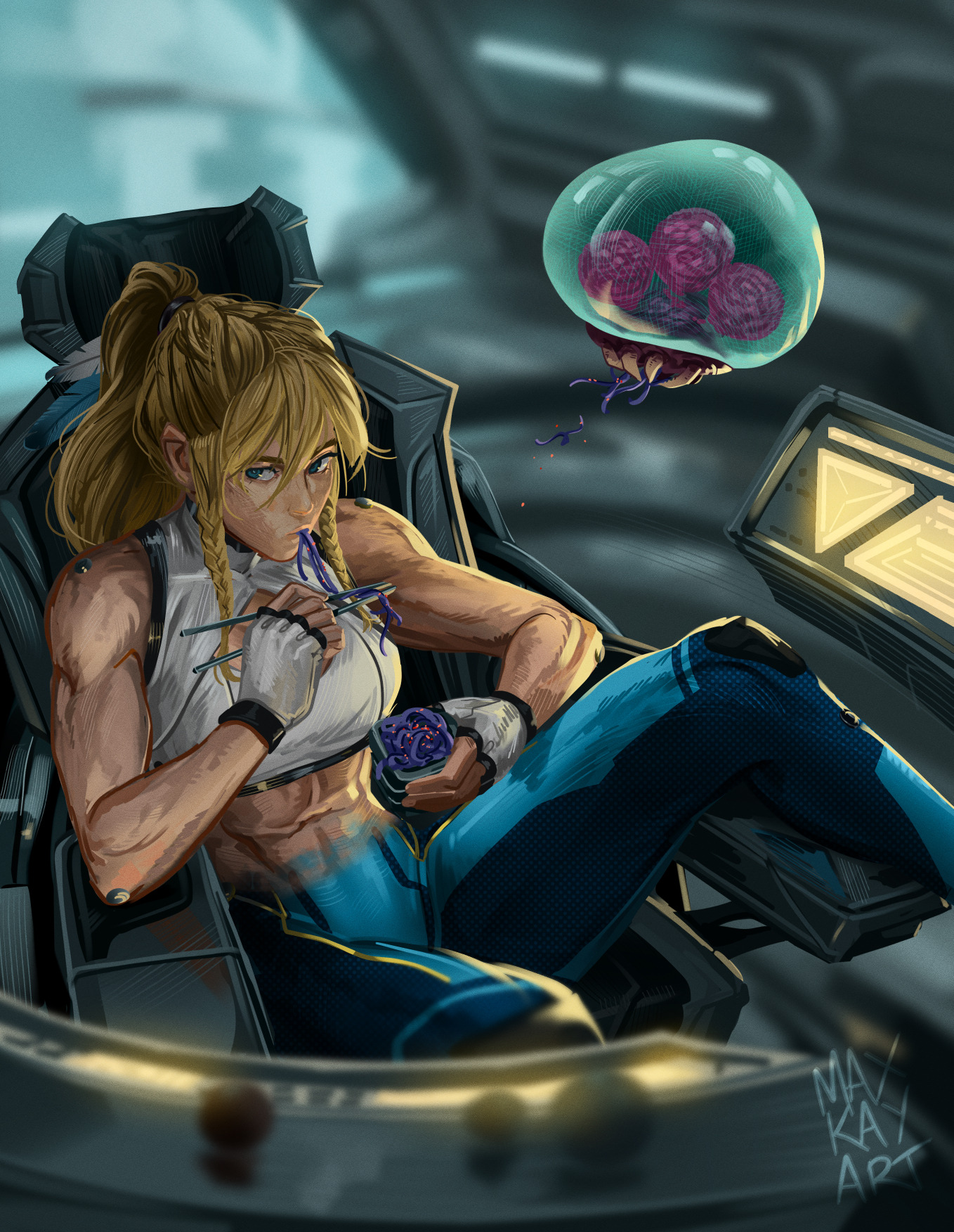 Safebooru - 1girl abs blonde hair blue bodysuit blue eyes bodysuit braid chopsticks cockpit ...