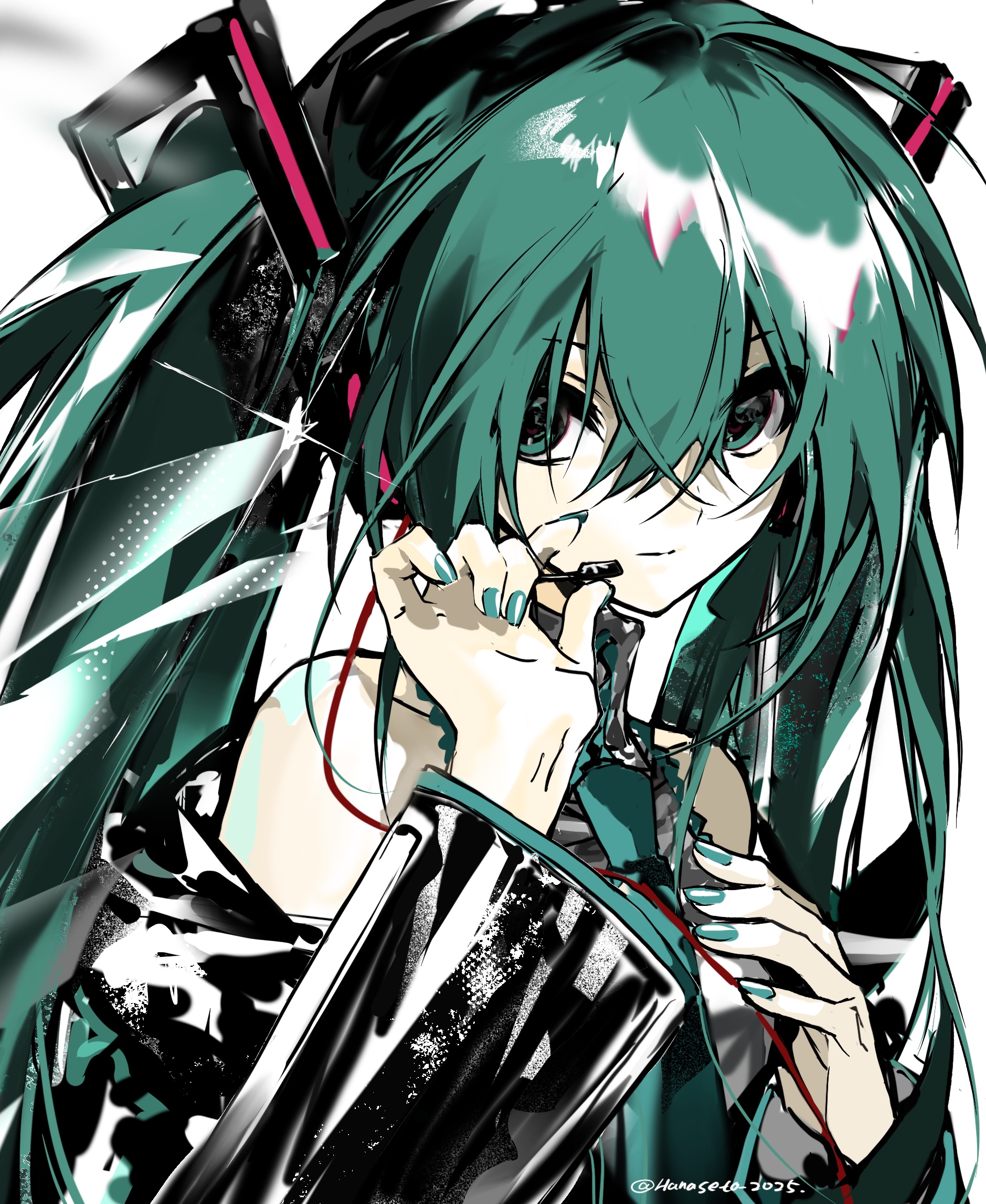 Safebooru - 1girl aqua eyes aqua hair aqua nails aqua necktie bare shoulders black sleeves ...