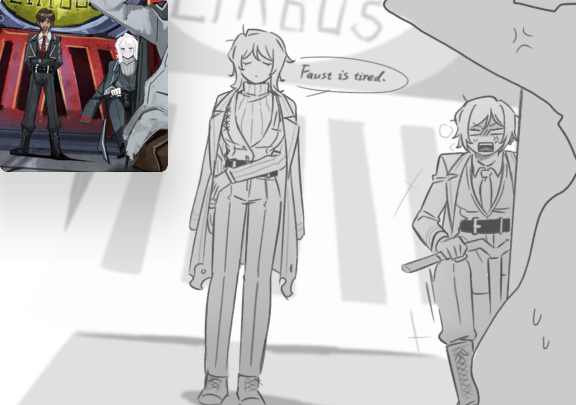 Safebooru - 2girls anger vein angry belt coat coat on shoulders english text faust (project moon ...