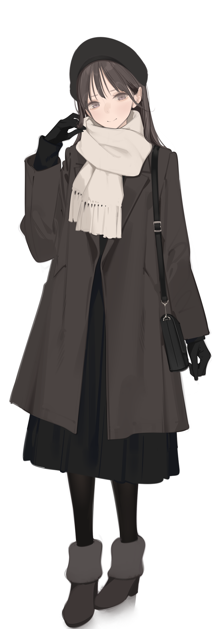 Safebooru - 1girl ama mitsuki bag beret black eyes black gloves black hair black pantyhose boots ...