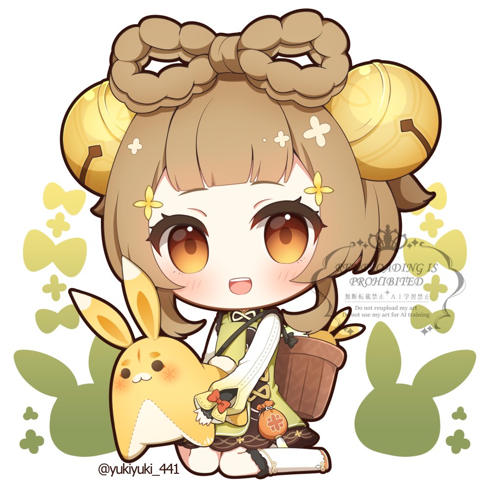 Safebooru - 1girl basket bell blush bow-shaped hair brown hair chibi ...