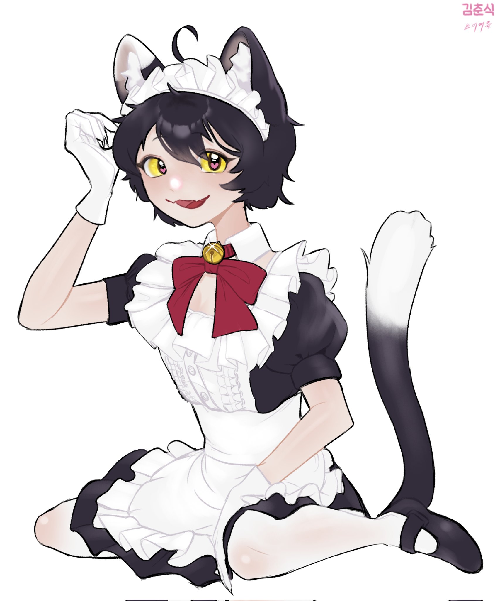 Safebooru - 1girl :3 alternate costume androgynous animal ear fluff animal ears apron bell black ...