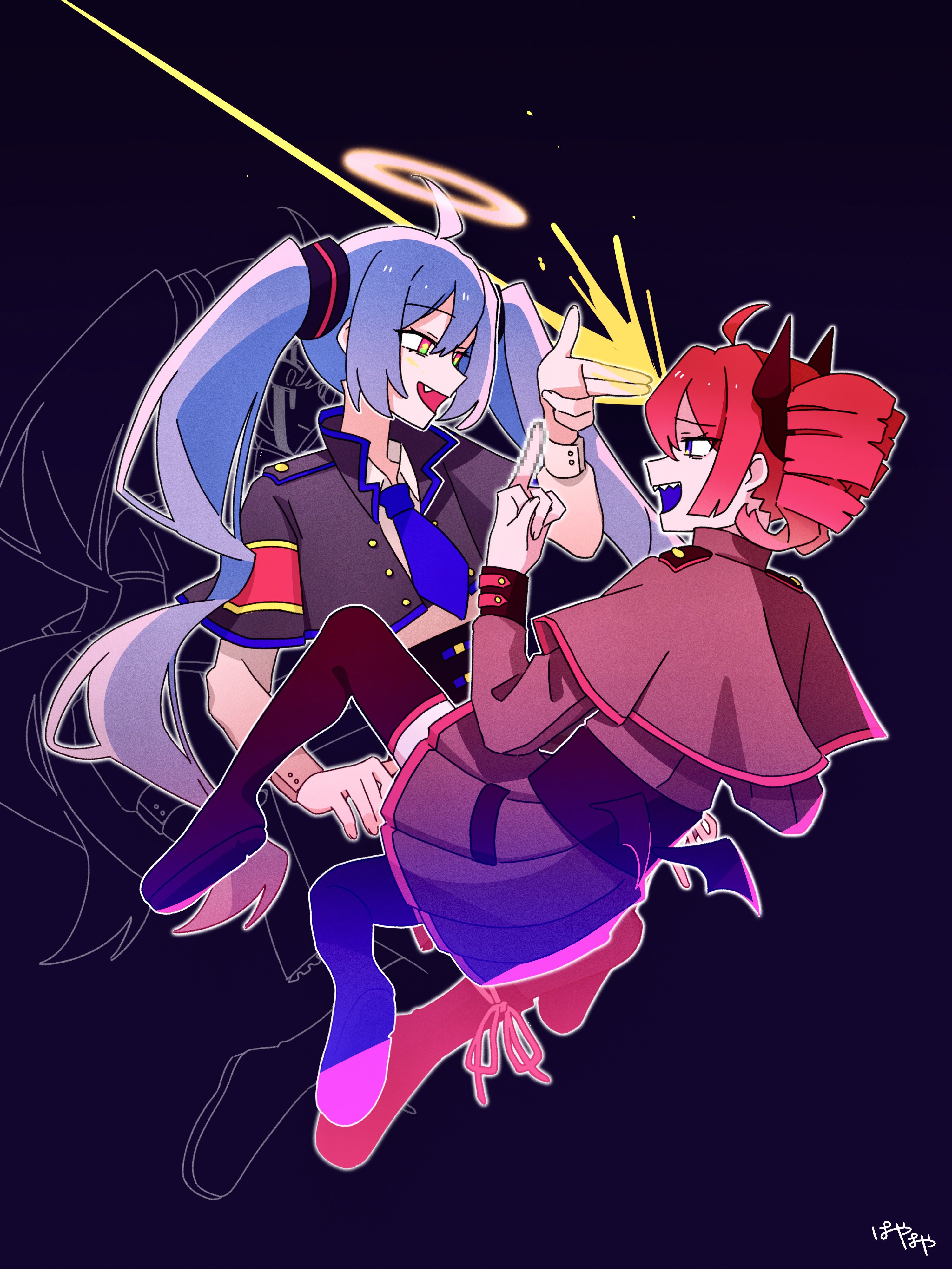 Safebooru - 2girls absurdres ahoge black boots black jacket blue eyes blue hair blur censor ...