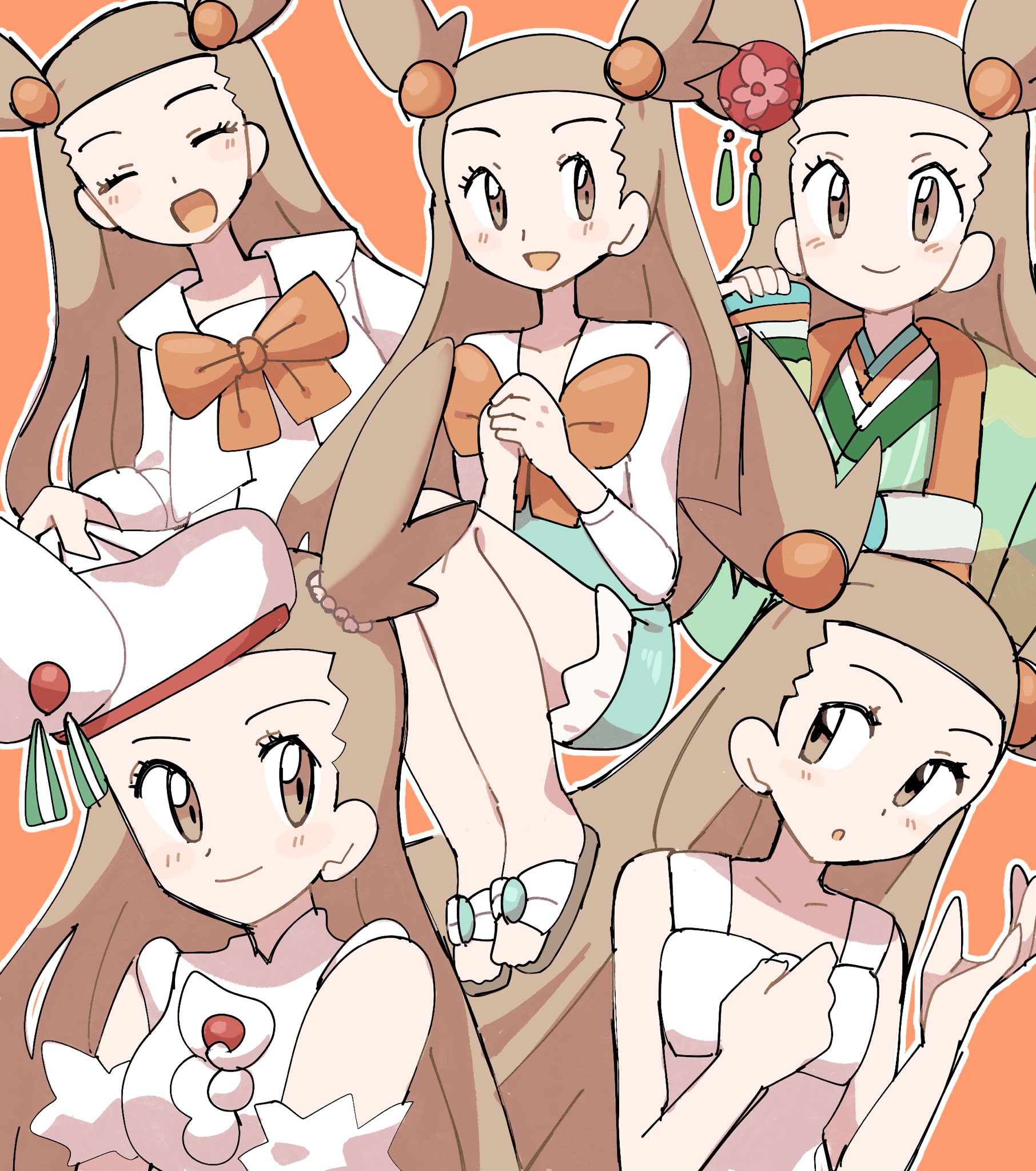 Safebooru - 1girl :d :o bow brown eyes brown hair closed eyes closed ...