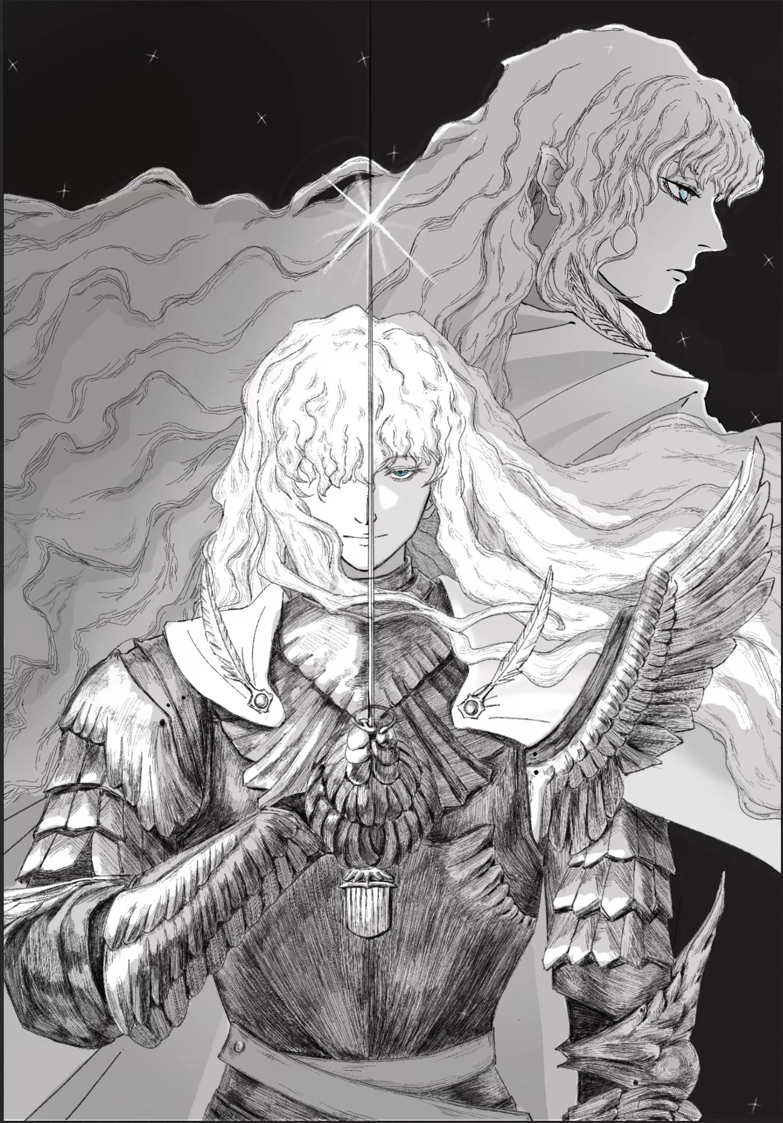 Safebooru - 1boy armor berserk black background blue eyes cape closed ...