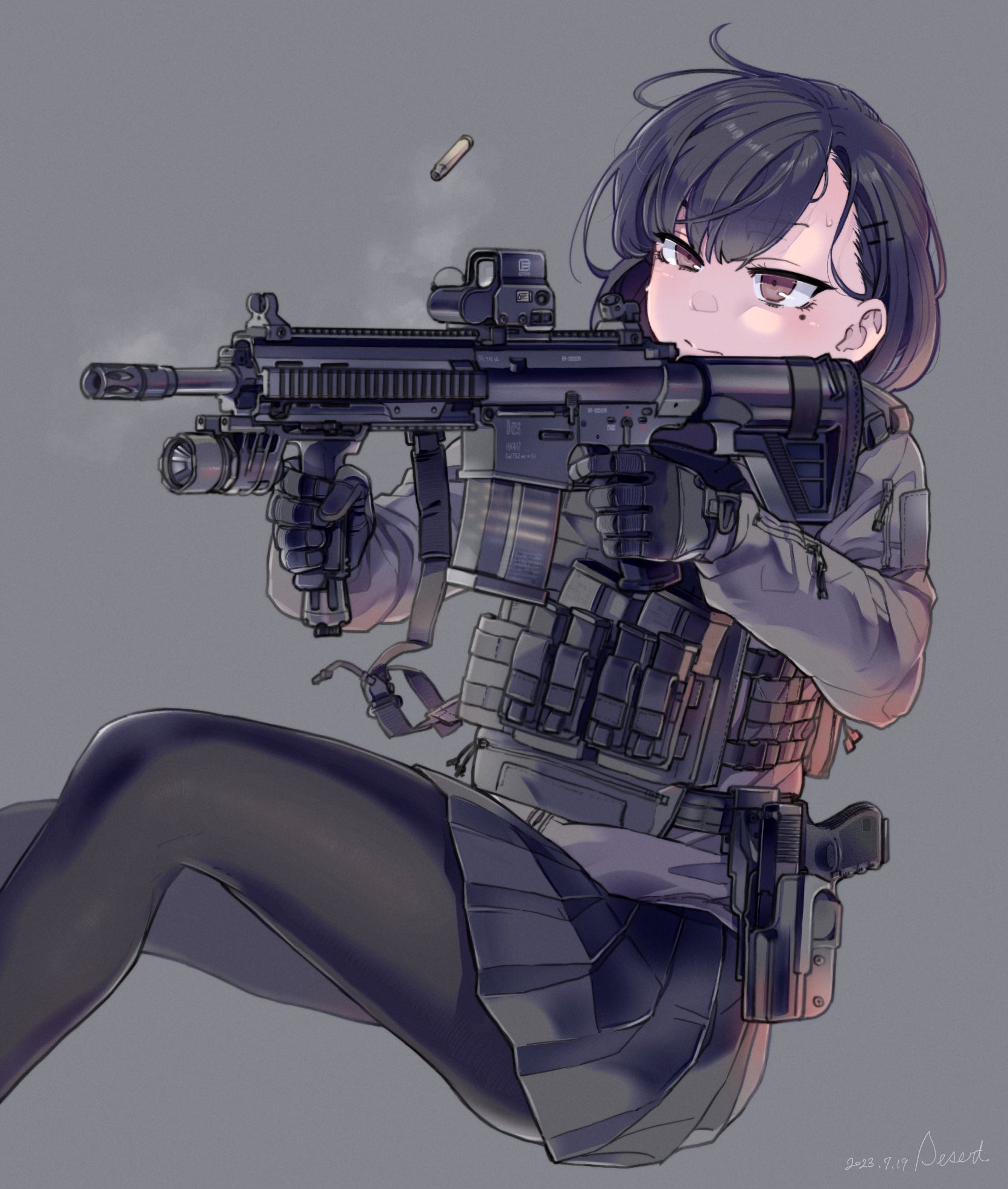 Safebooru - 1girl ammunition pouch assault rifle belt black eyeliner black gloves black hair ...