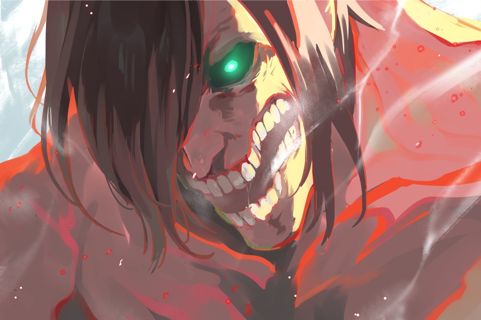 Safebooru - 1boy brown hair close-up eren yeager green eyes hair over ...