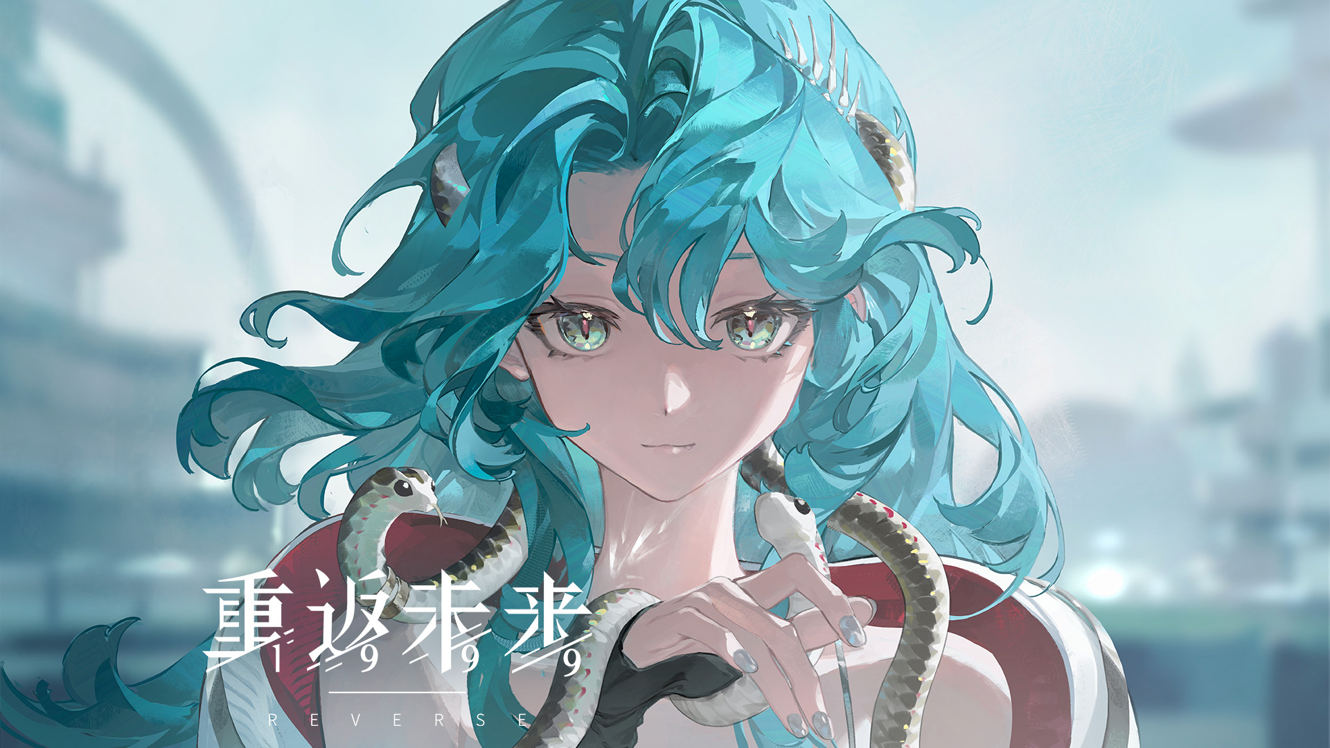 Safebooru - 1girl aqua eyes blue hair blurry blurry background copyright name grey jacket grey ...