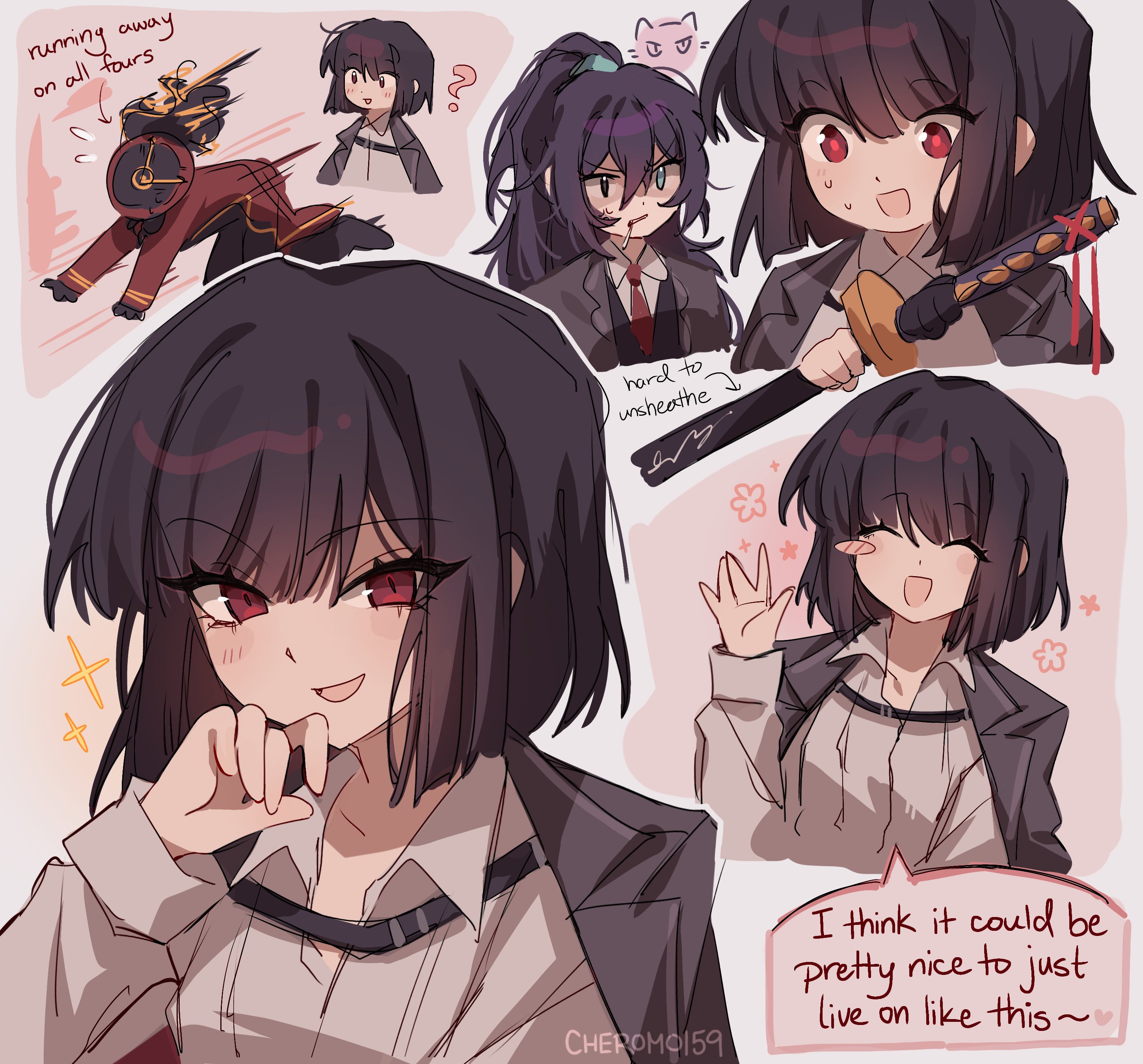 Safebooru - 1boy 1girl 1other absurdres anger vein black coat black eyes black gloves black hair ...
