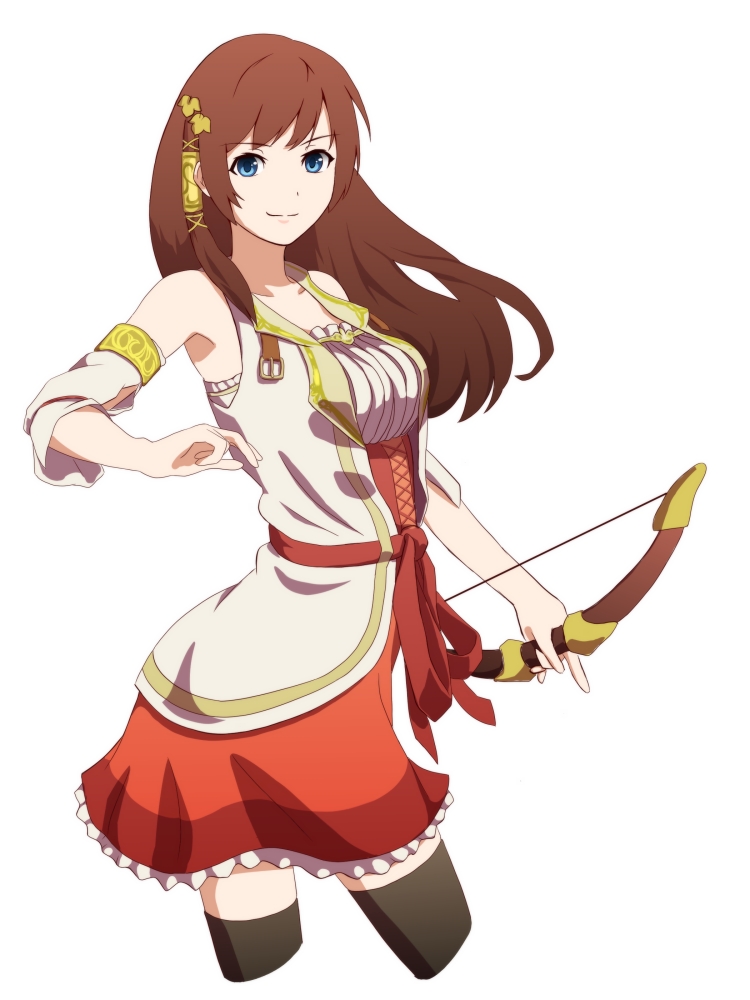 Safebooru - aya (infinite undiscovery) blue eyes bow (weapon) brown ...