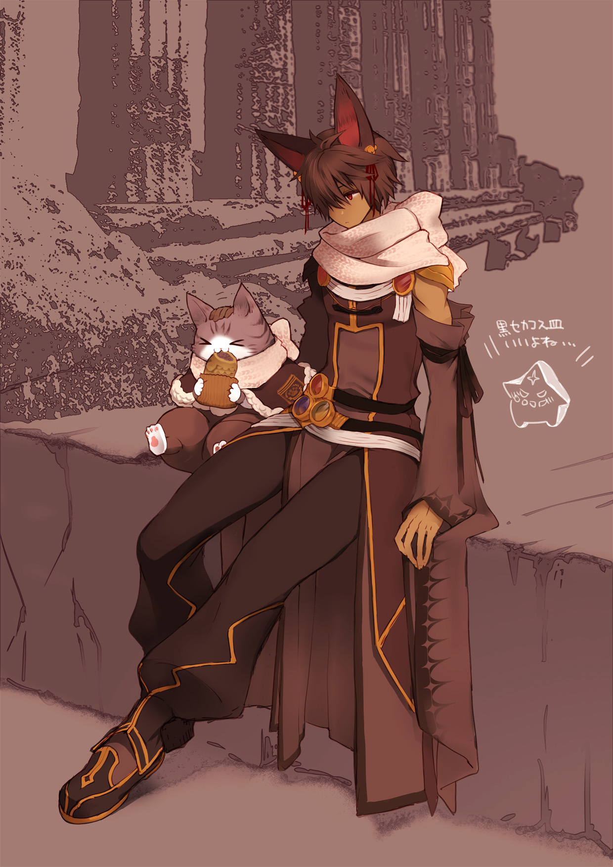 Safebooru - 2boys alternate color animal ears black pants brown background brown capelet brown ...