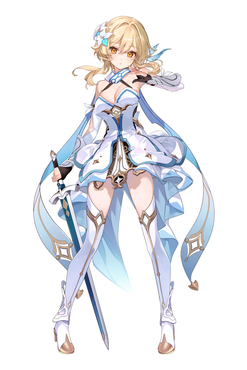 Safebooru - 1girl blonde hair boots breasts detached sleeves dress flower full body genshin ...