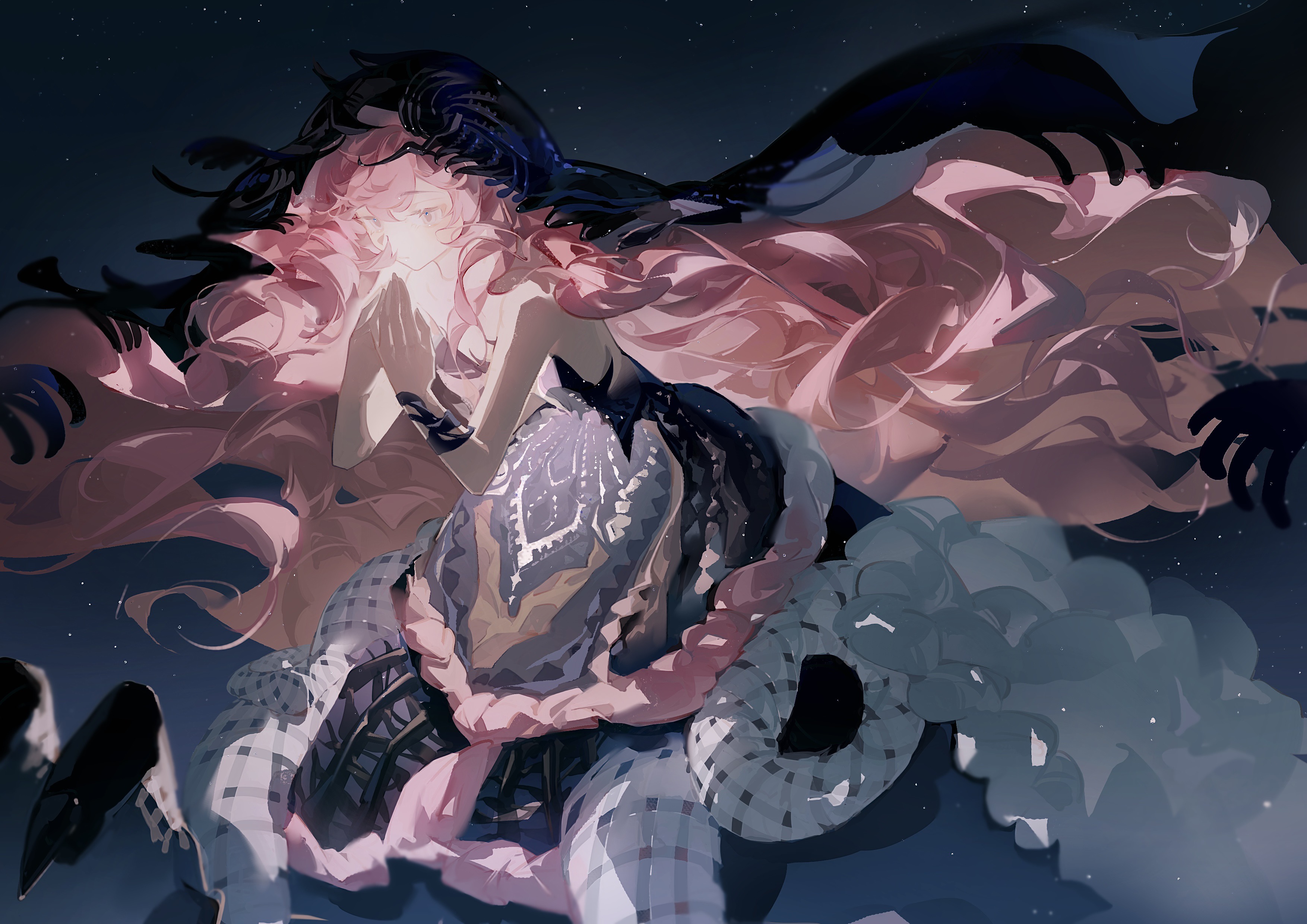 Safebooru - 1girl absurdres bare arms bare shoulders black veil blue veil chimera dark ...