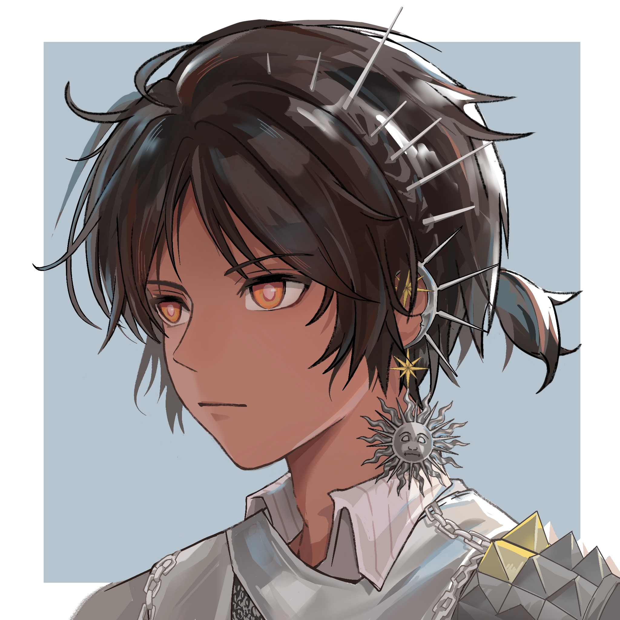 Safebooru - 1boy ambience synesthesia arknights black hair border chain closed mouth collared ...