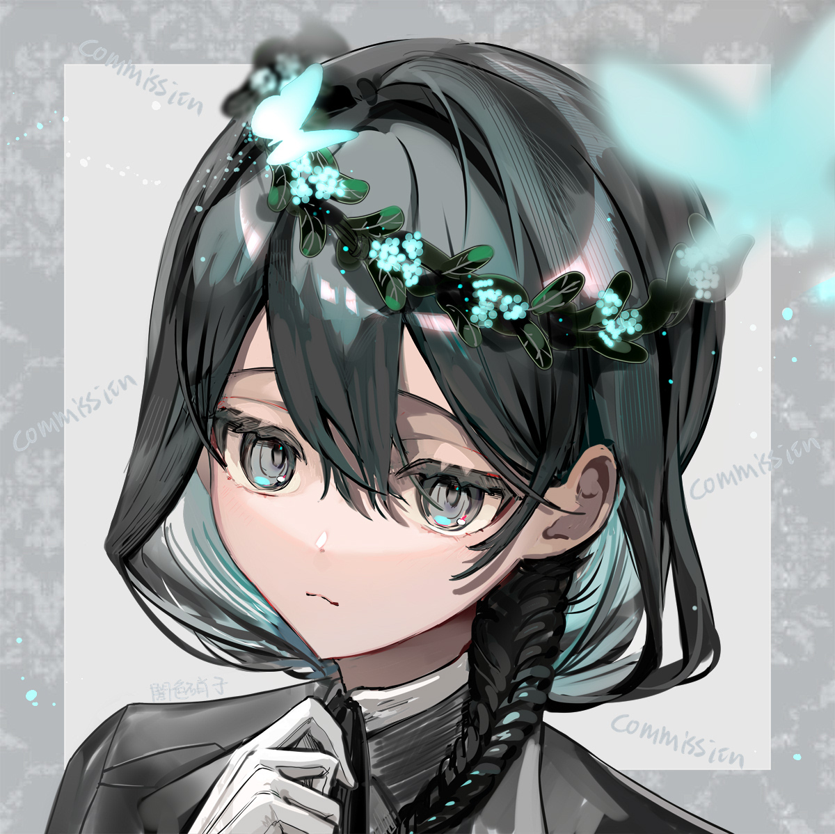 Safebooru - 1girl alter ego (game) black eyes black hair blue butterfly blue flower blue hair ...