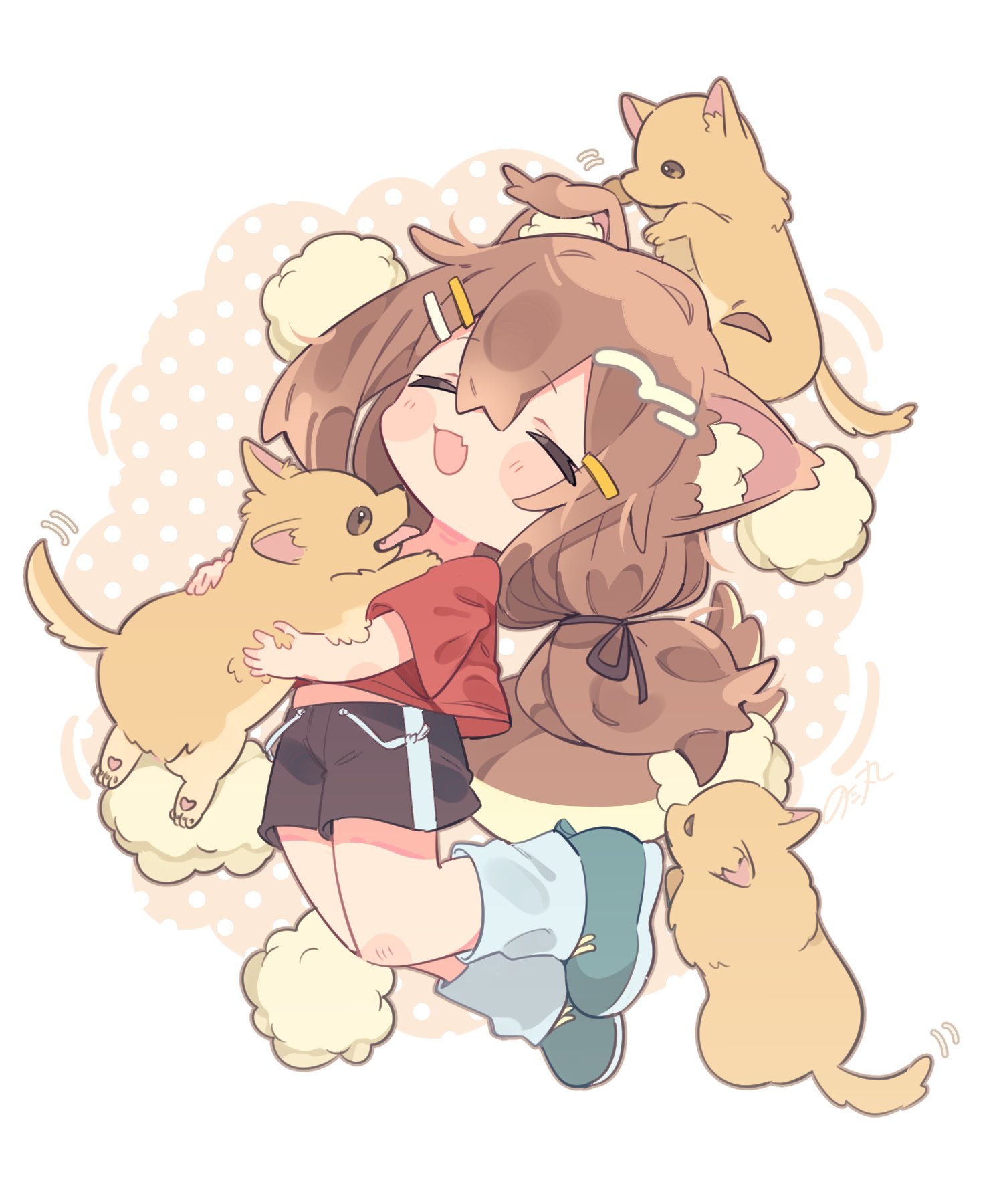 Safebooru - 1girl :d animal ear fluff animal ears black ribbon black shorts blue shoes blue ...