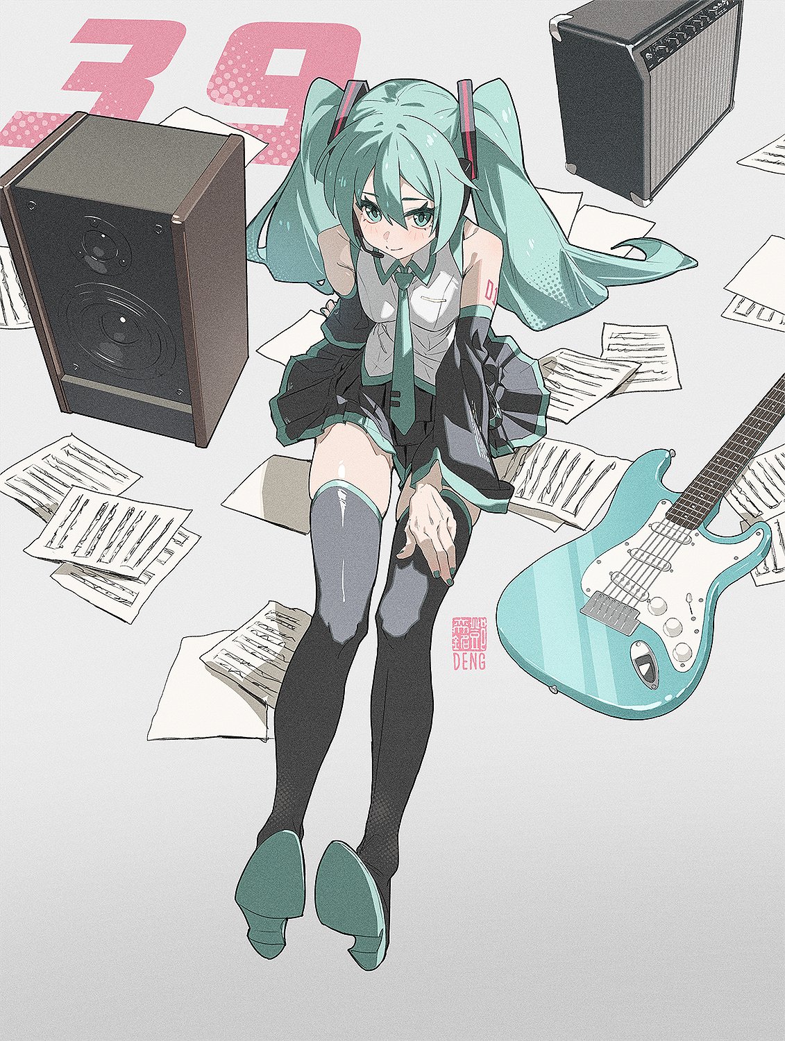 Safebooru - 1girl 39 amplifier aqua eyes aqua hair aqua nails aqua necktie artist logo bare ...