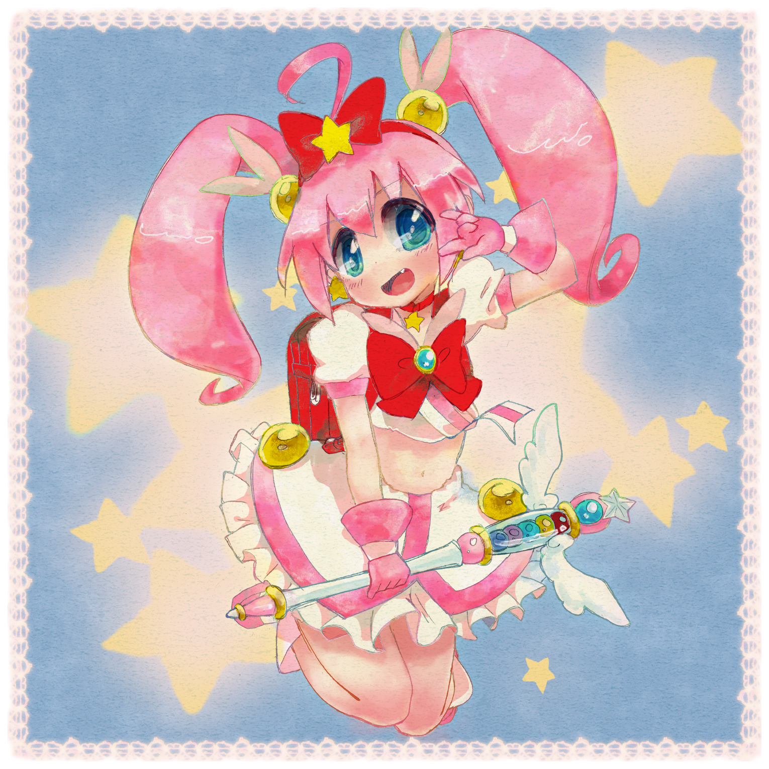 Safebooru - \m/ bag blue eyes fang fangs gloves highres hoshikuzu witch ...