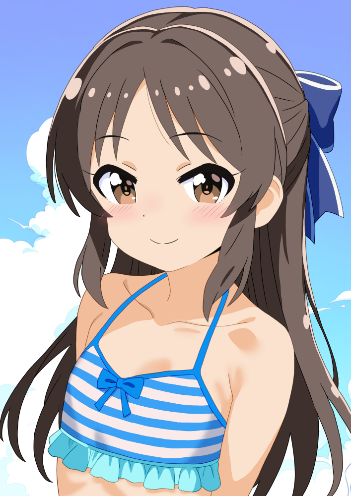 Safebooru - 1girl bikini blue bikini blue bow bow brown eyes brown hair collarbone commentary ...