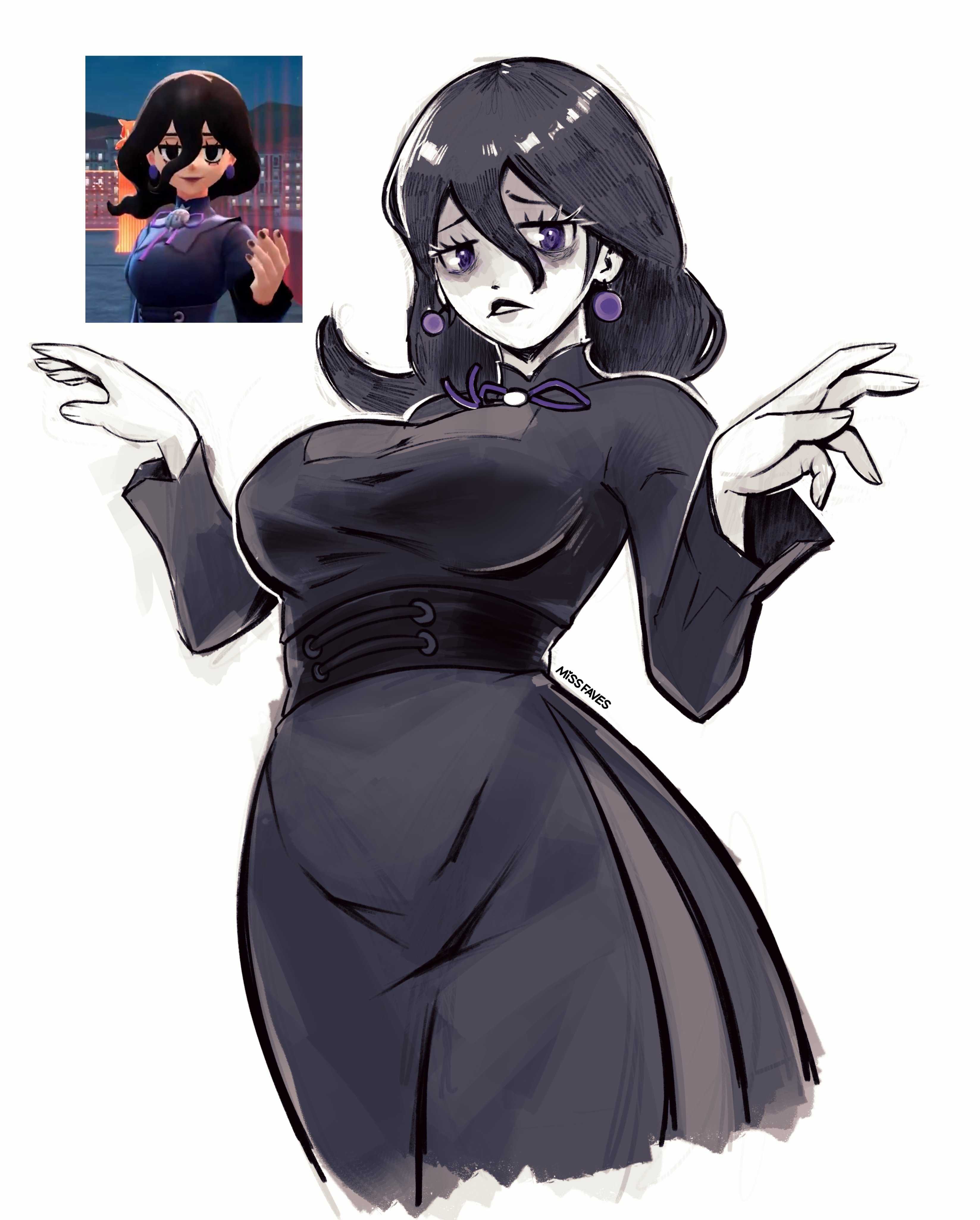 Safebooru - 1girl @ @ absurdres bags under eyes black hair breasts earrings hair between eyes ...