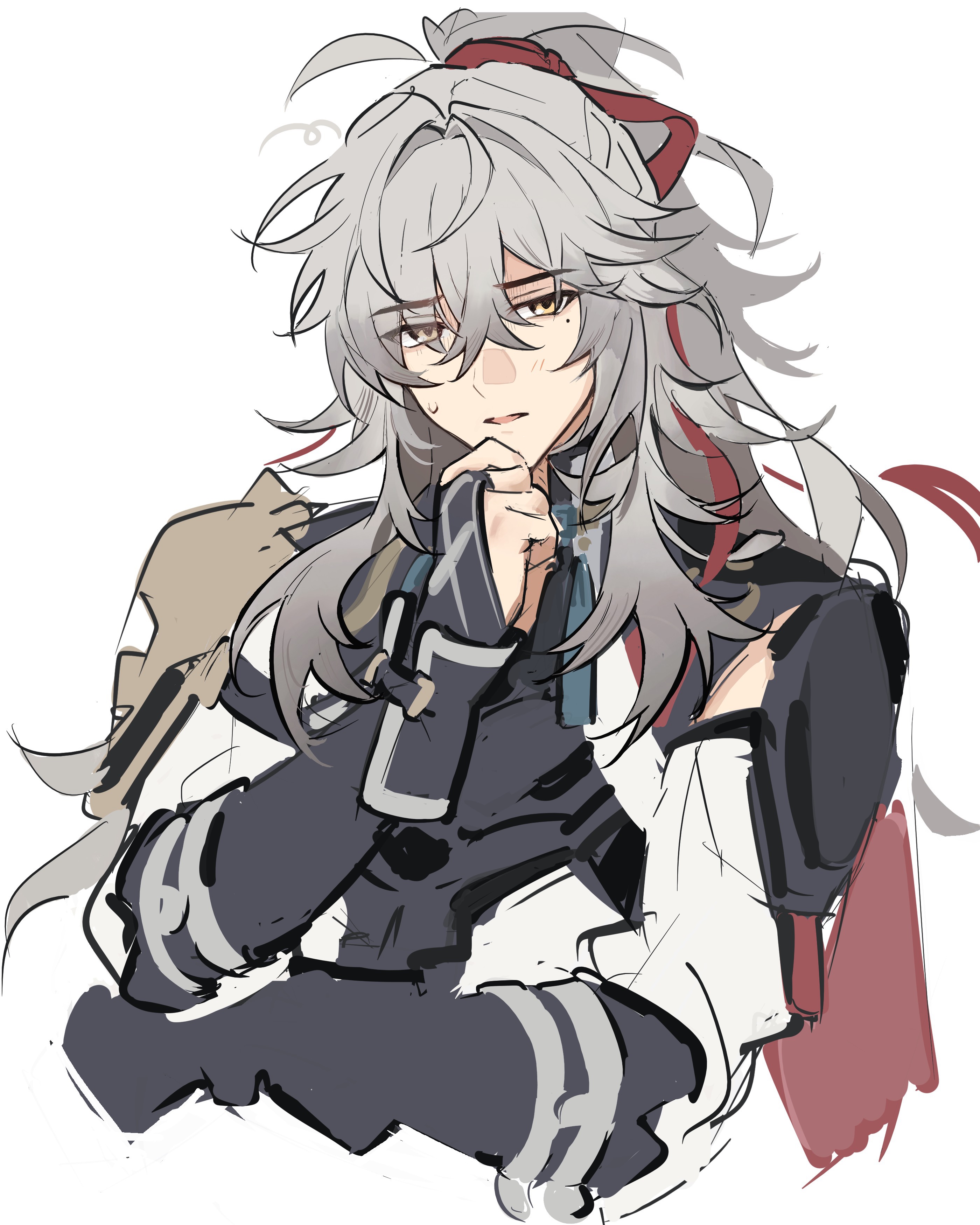 Safebooru - 1boy absurdres arm up armor black shirt bridal gauntlets cropped torso crossed bangs ...