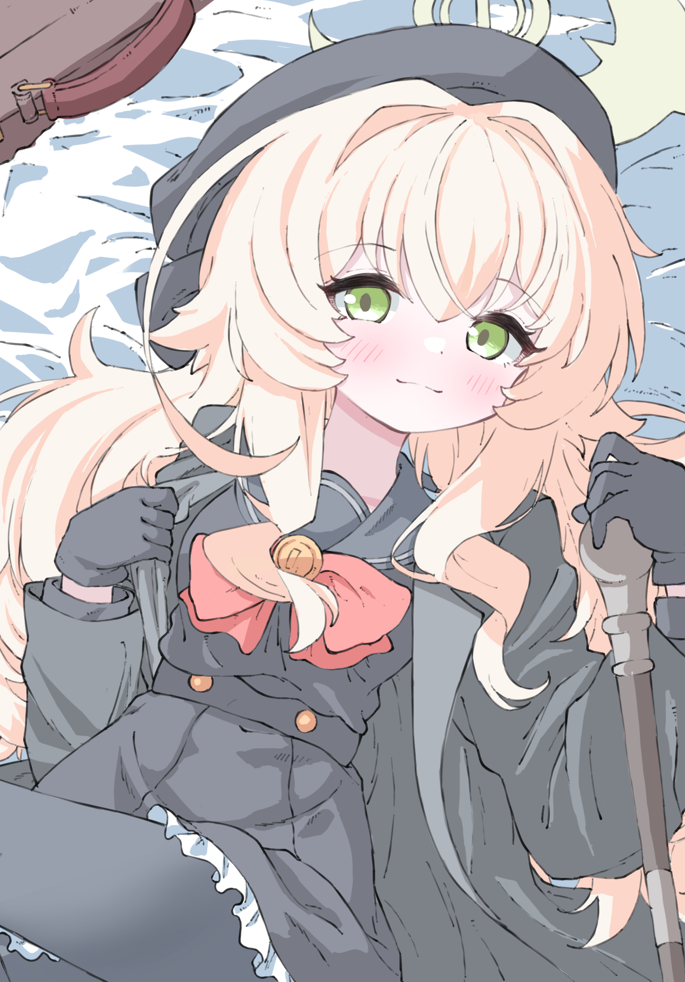 Safebooru - 1girl bed sheet beret black gloves black pantyhose black serafuku black shirt black ...