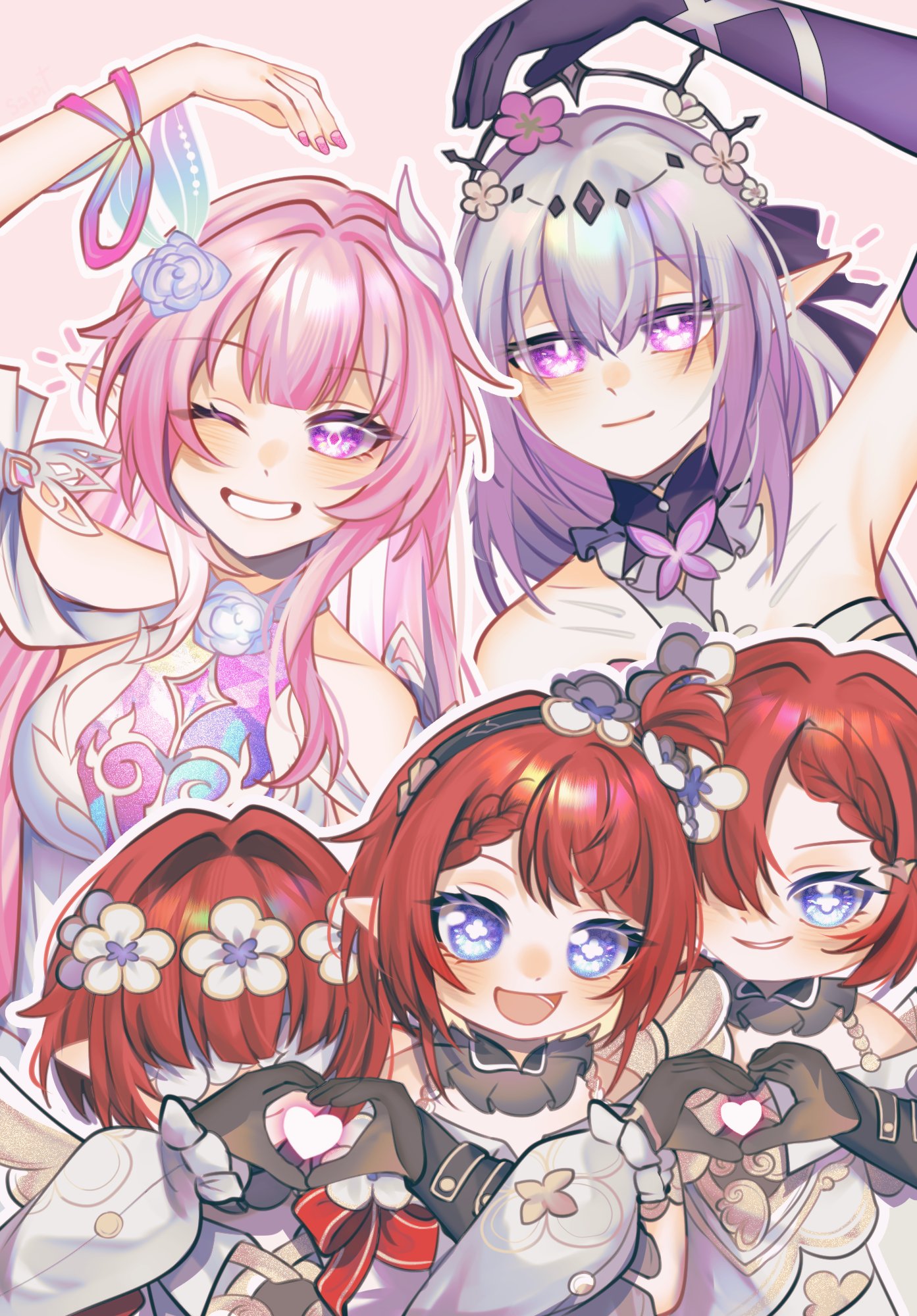 Safebooru - 5girls :d ;d angel wings arm up bare shoulders black gloves black hairband black ...