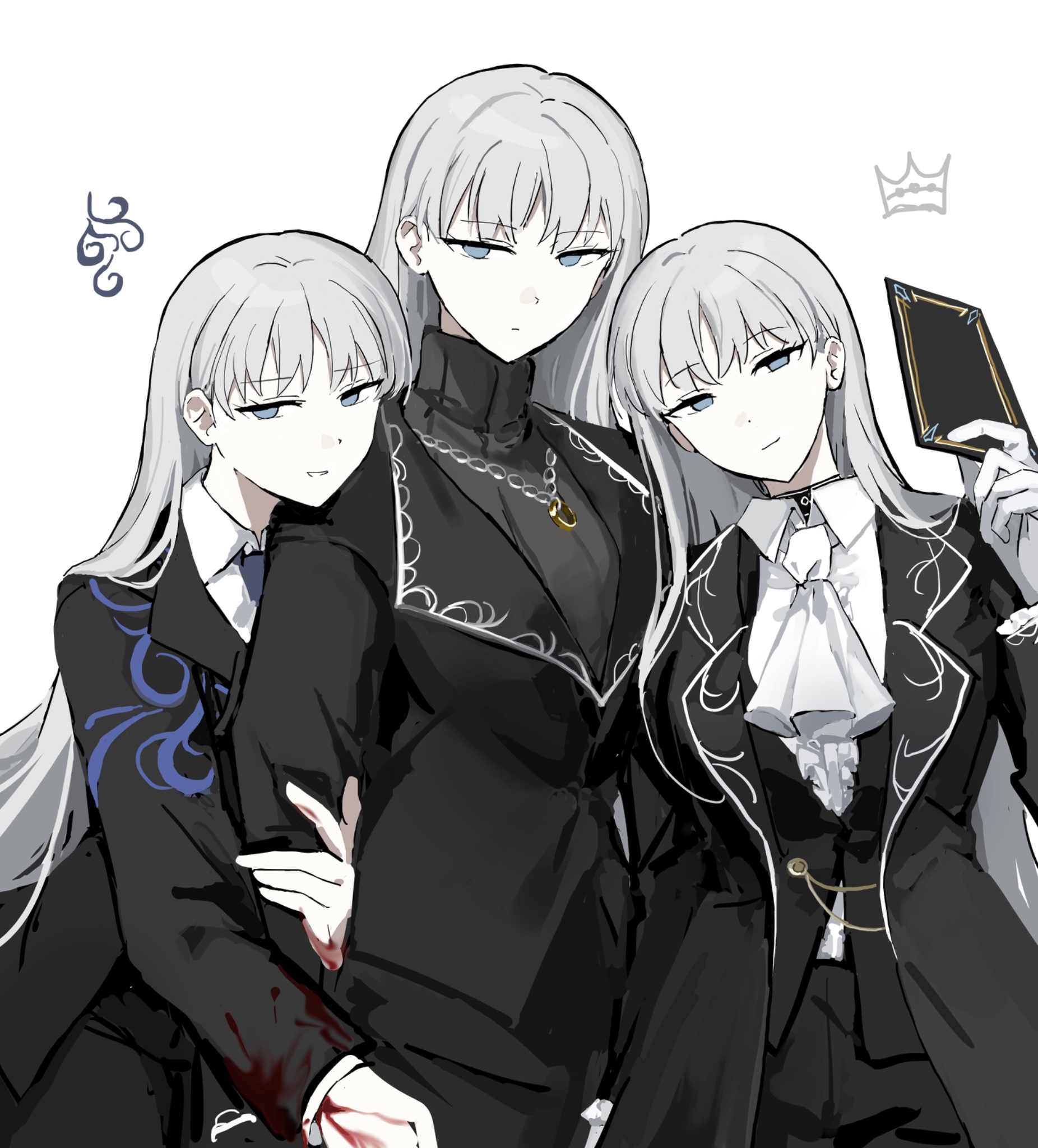 Safebooru - 1girl 3girls alternate costume angelica (project moon) ascot black coat black jacket ...