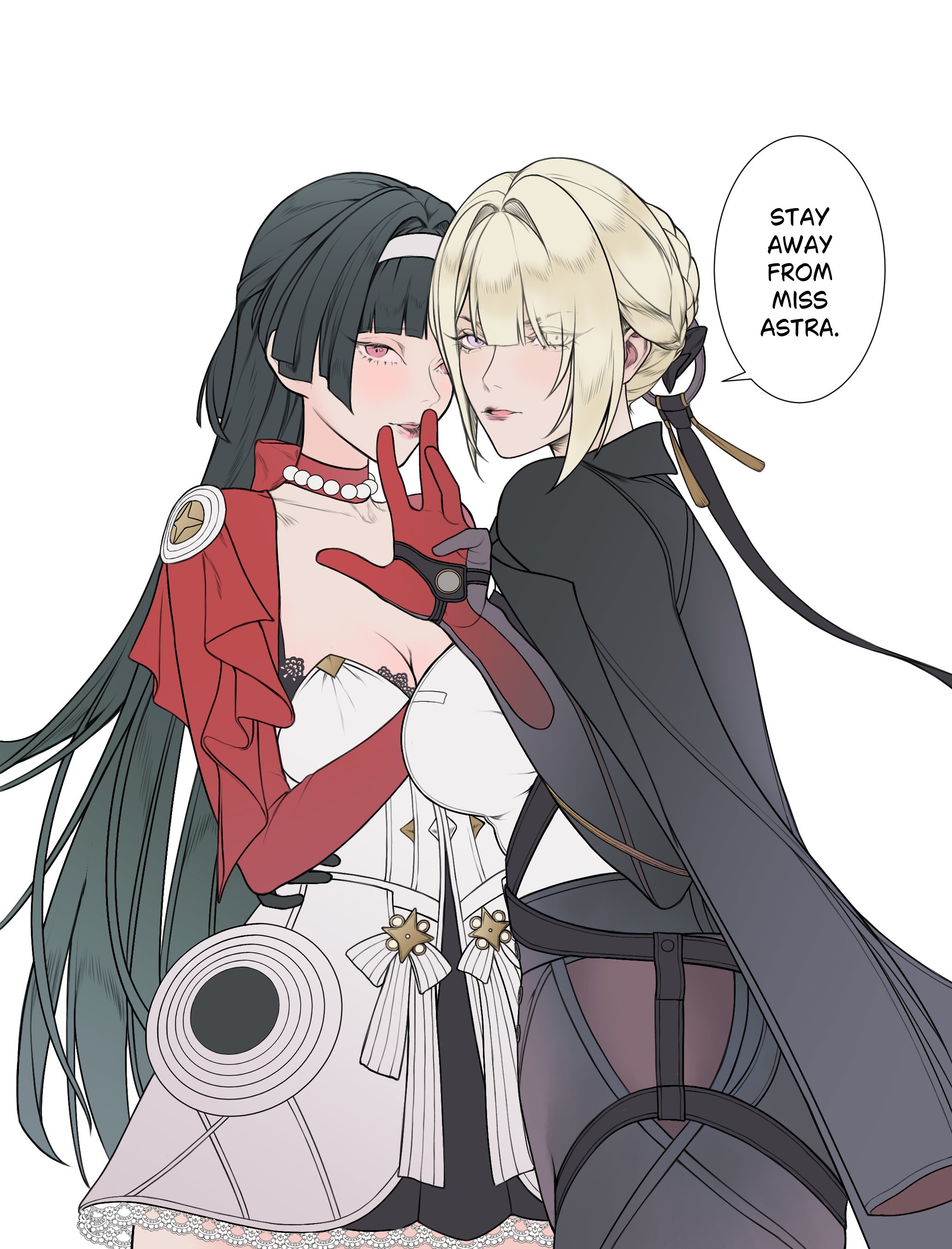 Safebooru - 2girls absurdres astra yao black hair black pants blonde hair dress earrings elbow ...