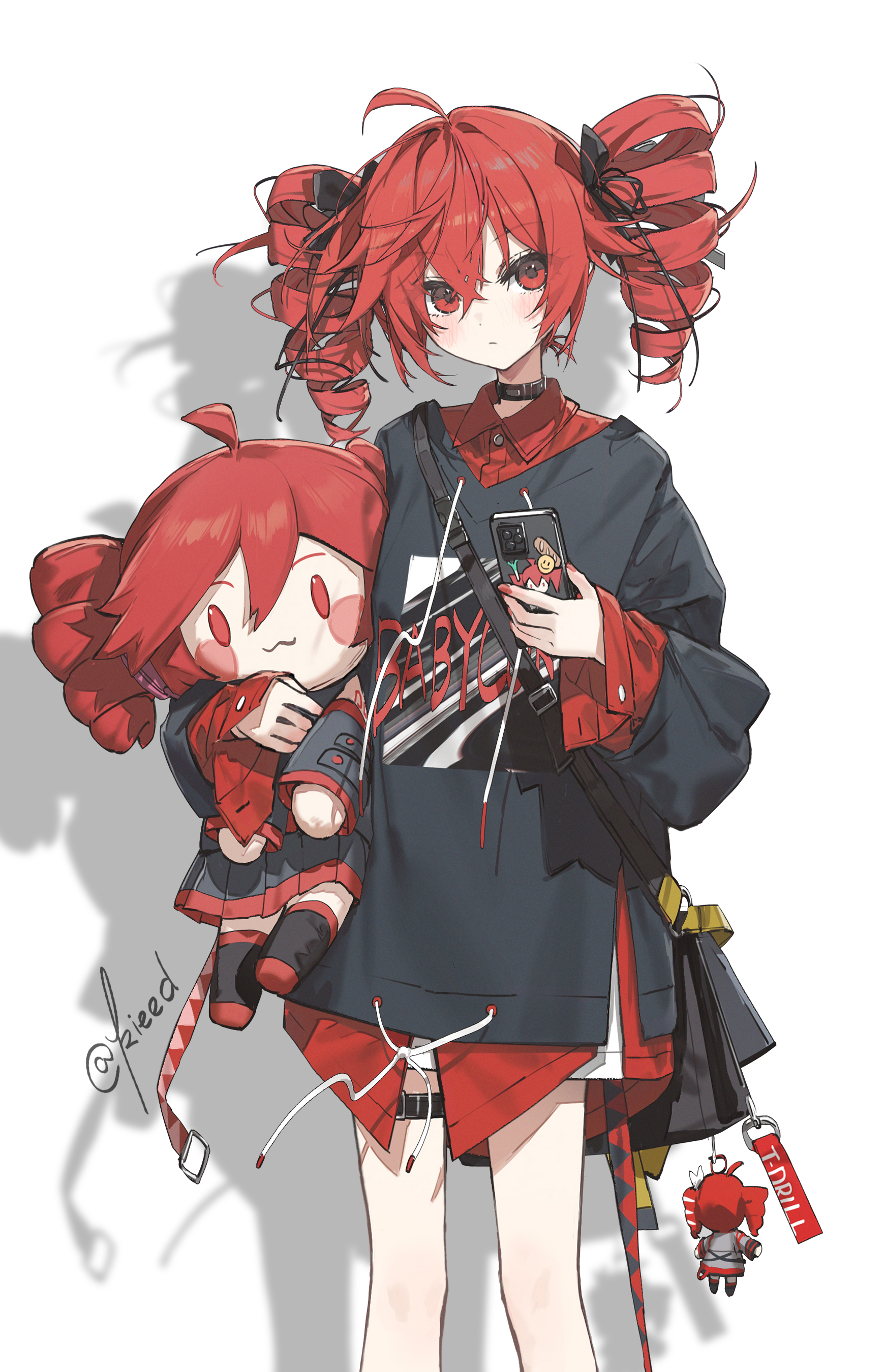 Safebooru - 1girl :3 absurdres ahoge bag black bag black choker black hoodie blush cellphone ...