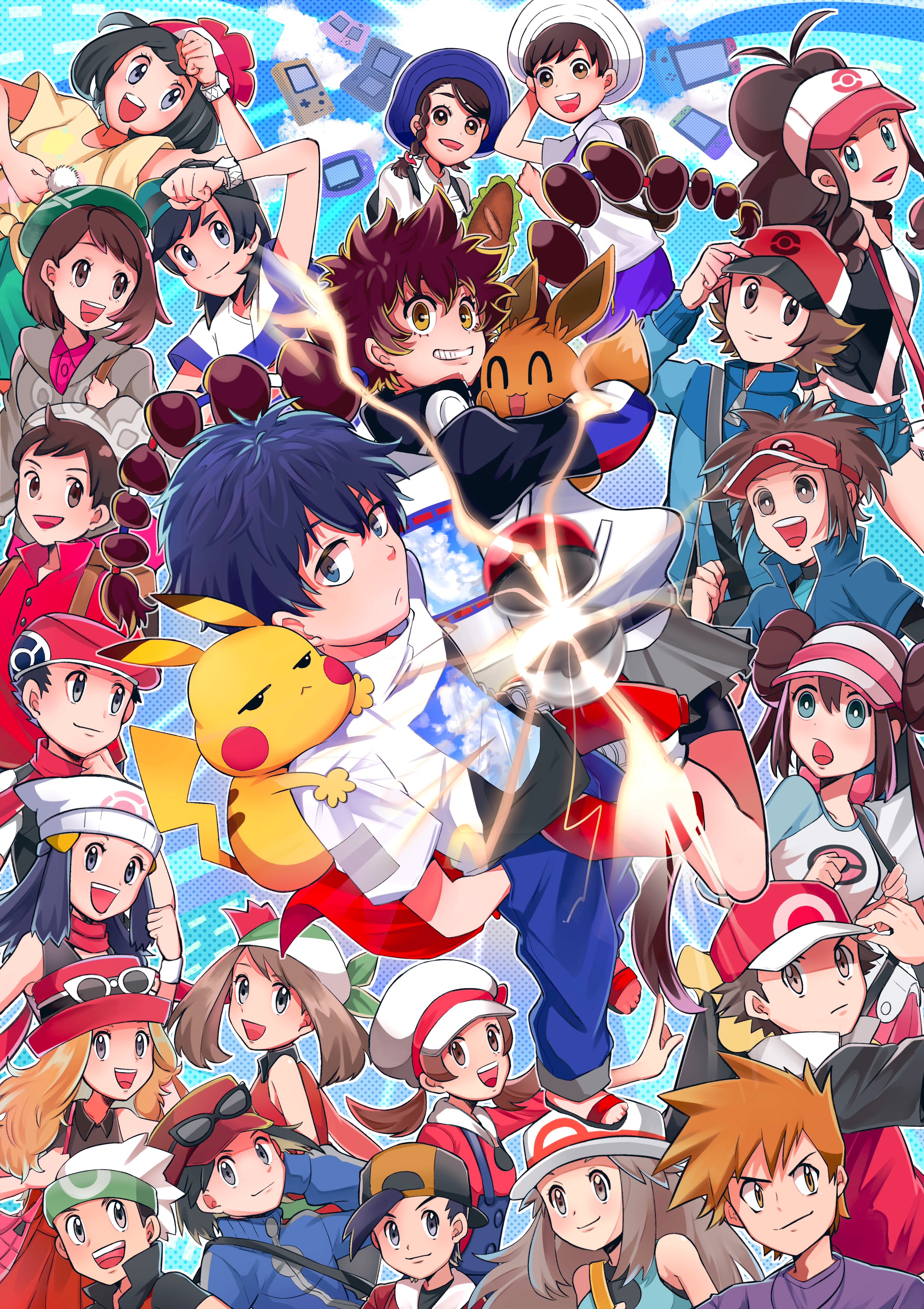 Safebooru - 3ds 6+boys 6+girls ^ ^ absurdres backwards hat baneo golden baseball cap beanie bike ...