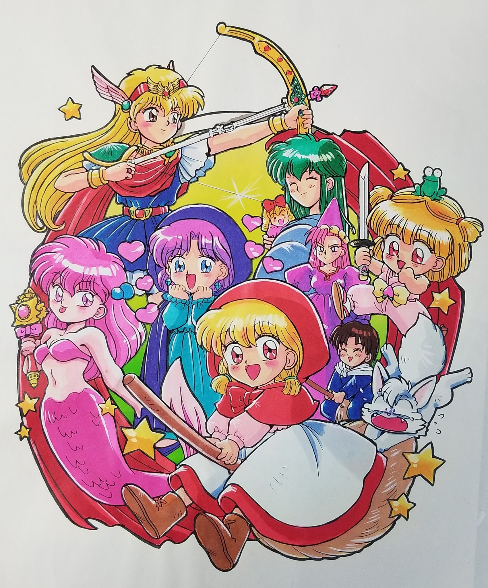 Safebooru - 2boys 6+girls :d :p ^ ^ akazukin chacha animal animal on head aqua dress arrow ...