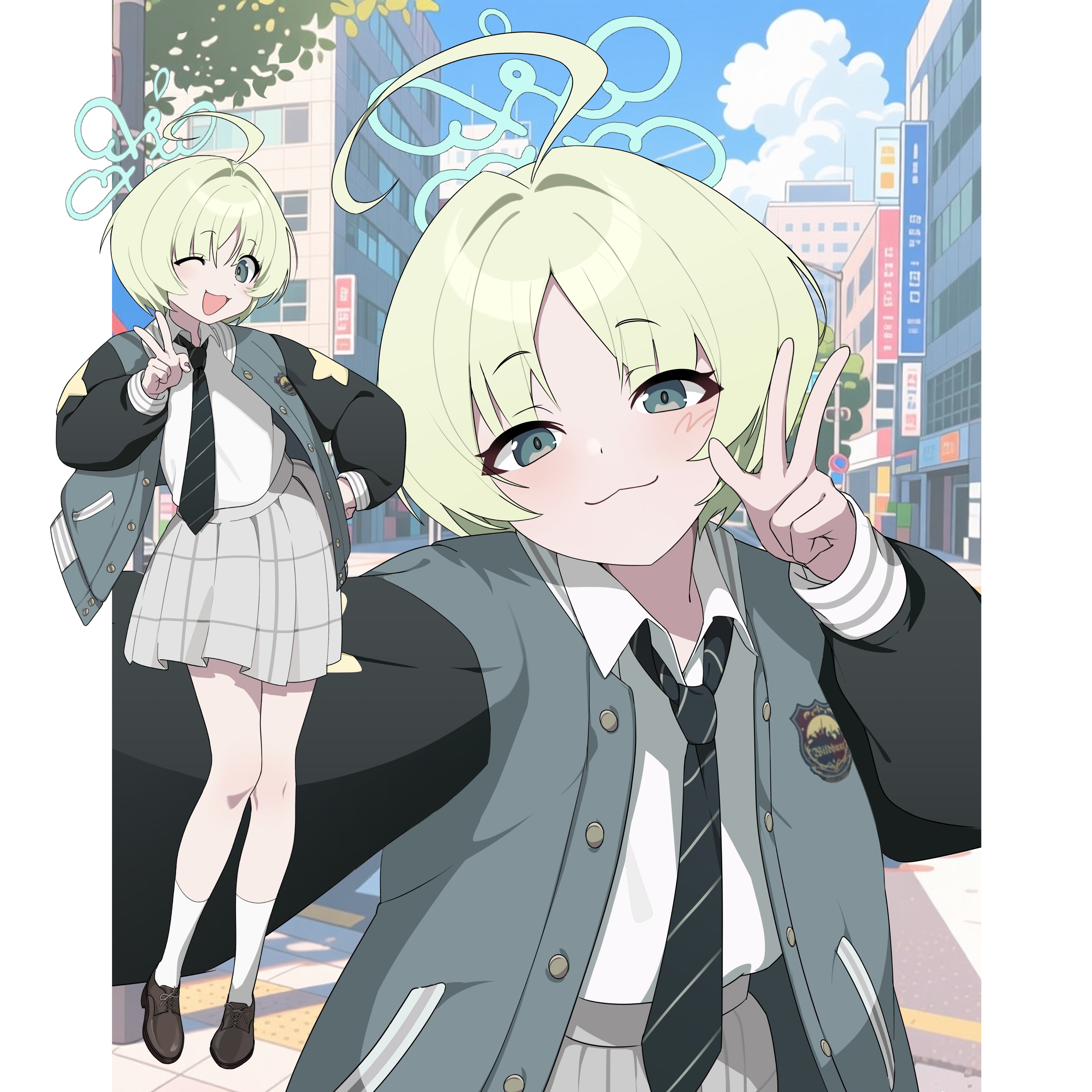 Safebooru - 1girl :3 absurdres ahoge black necktie blonde hair blue archive blue halo blush ...