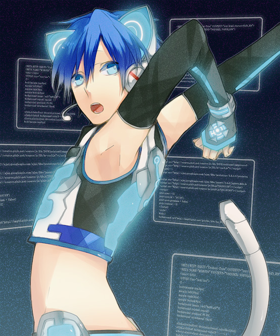 Safebooru - 1boy akio (89e) animal ears arms up blue eyes blue hair cat ears catboy cyberneko ...
