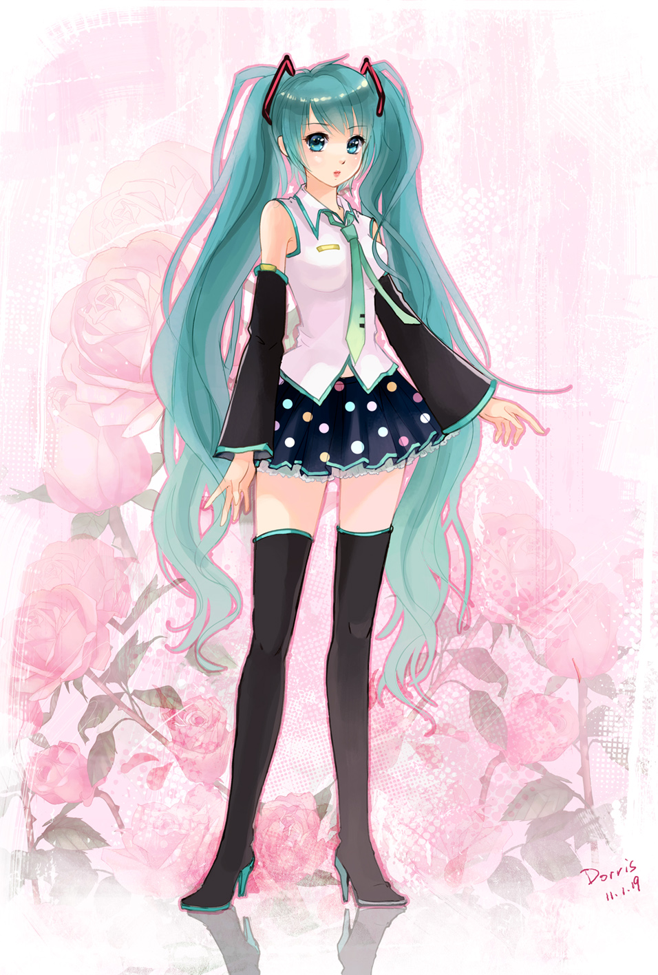 Safebooru - aqua hair boots detached sleeves dorris flower hatsune miku ...