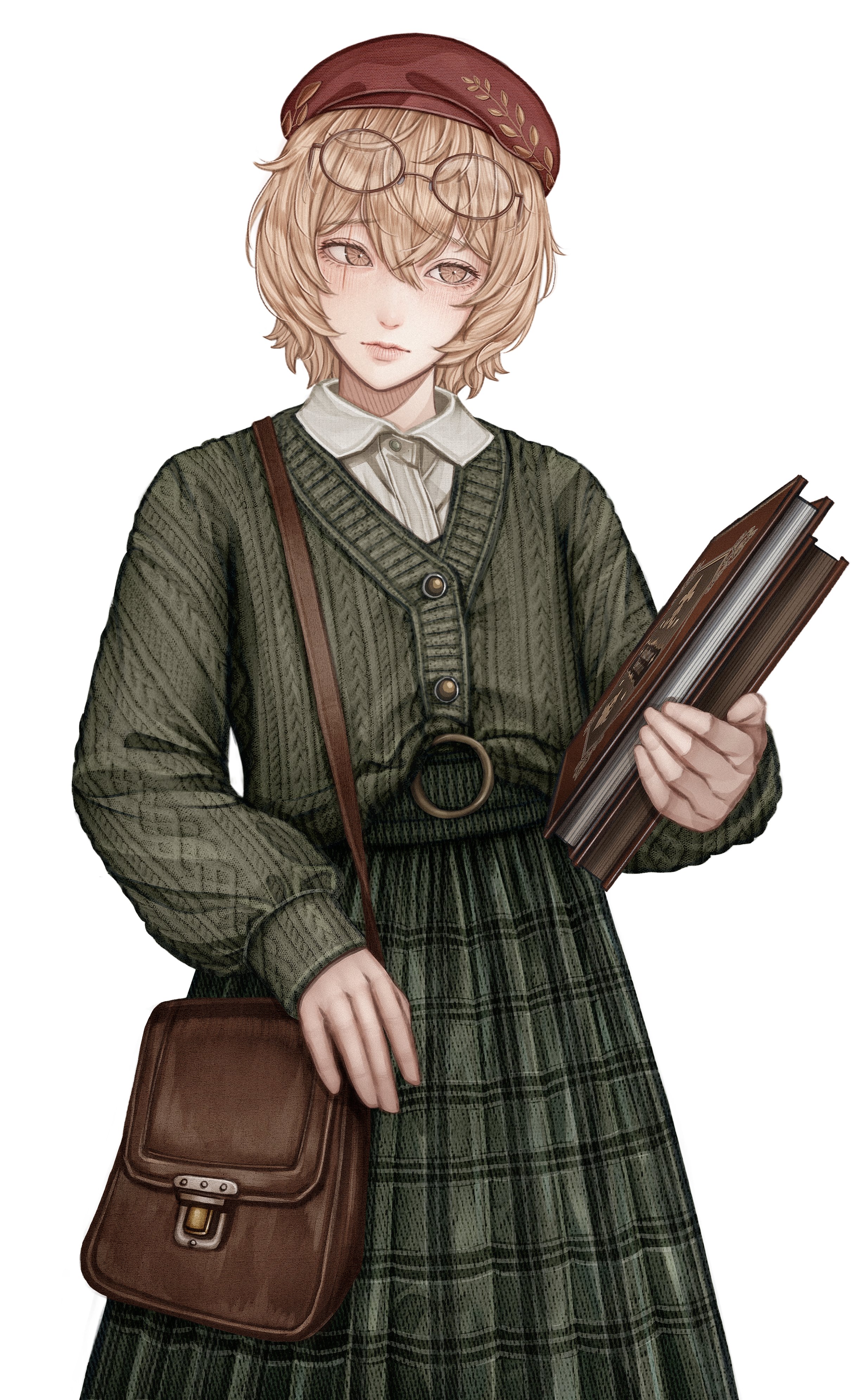 Safebooru - absurdres avocado2o2 bag beanie blonde hair book brown eyes ...