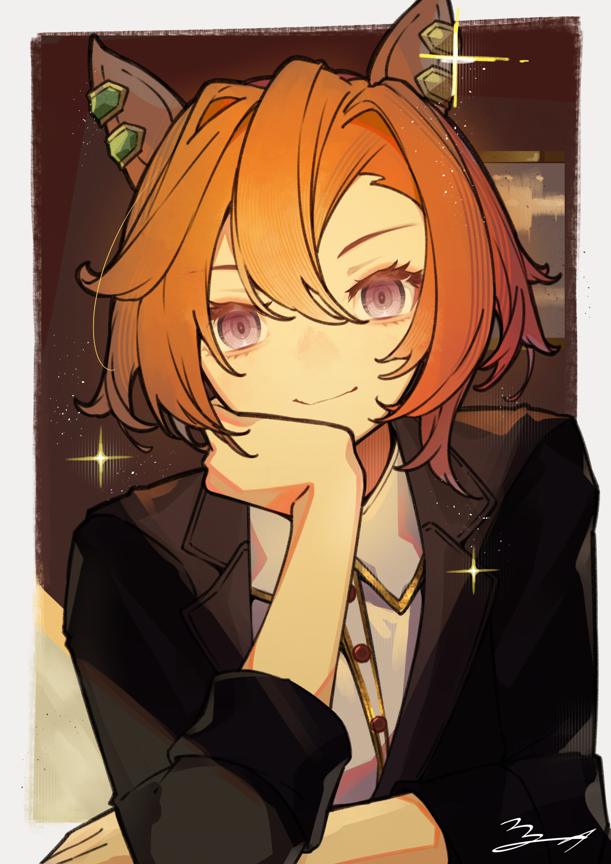 Safebooru - 1girl artist name black gloves blue eyes brown hair closed mouth collared shirt ...