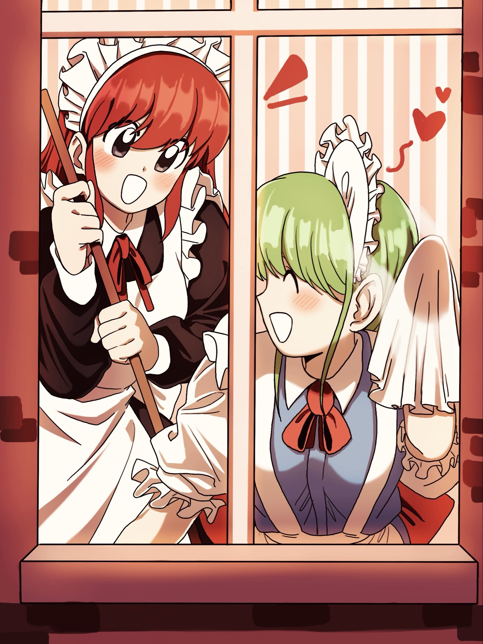 Safebooru - 2girls :d ^ ^ apron black dress blue dress blush broom ...