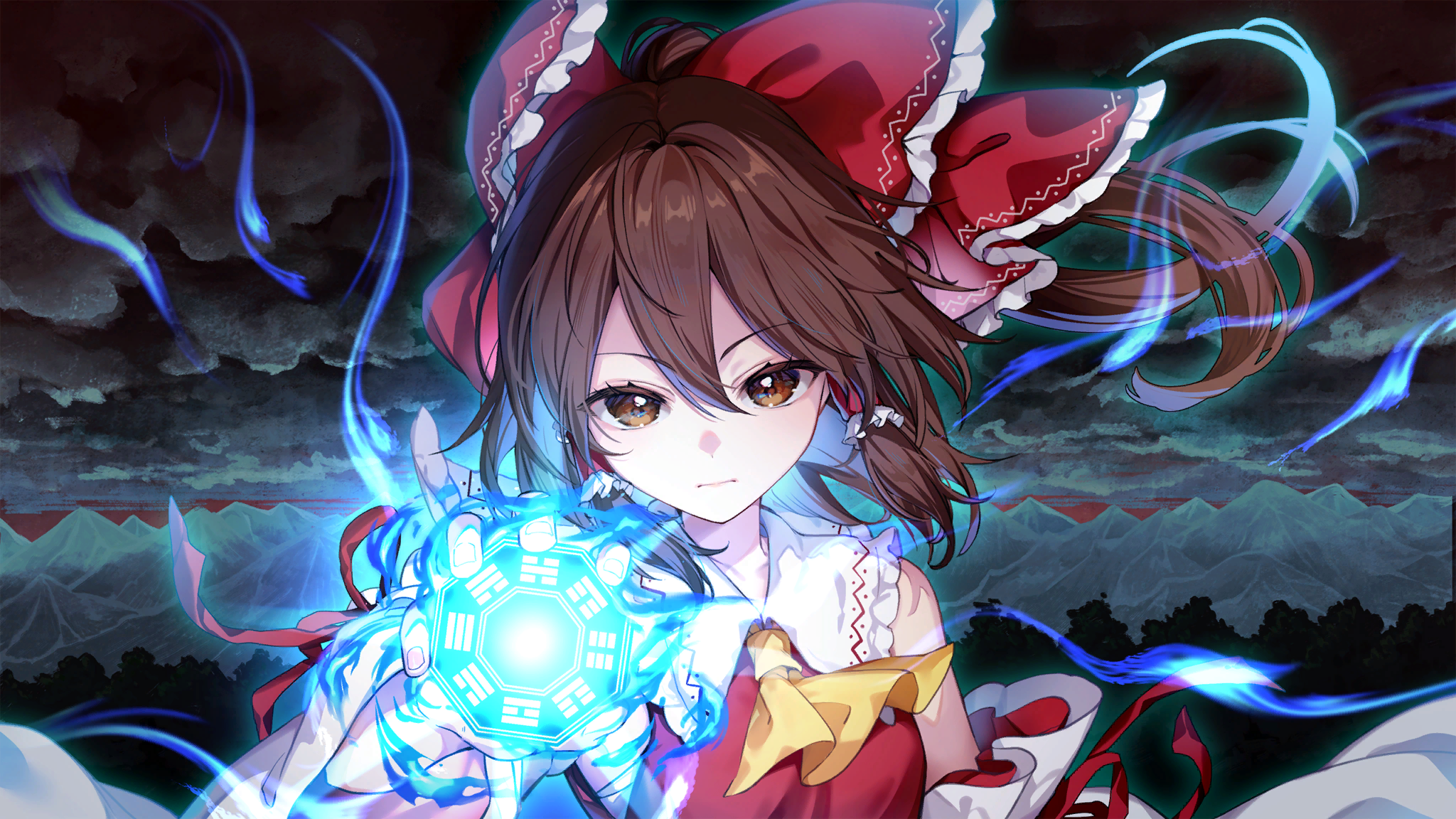 Safebooru - 1girl ascot bow brown eyes brown hair closed mouth clouds ...