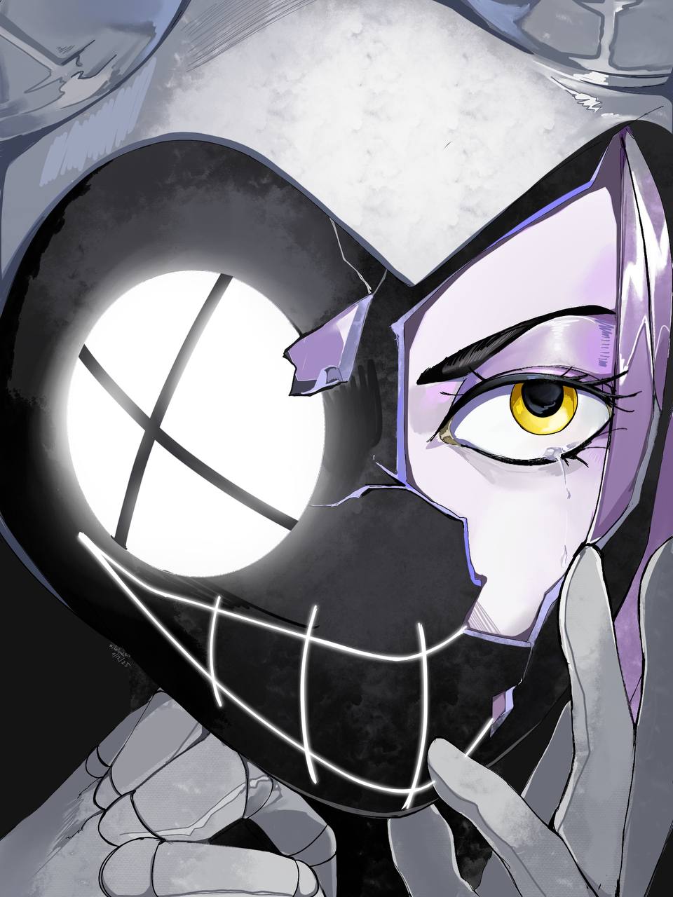 Safebooru - 1girl cracked kawaii mask glowing glowing eye grey hair ...