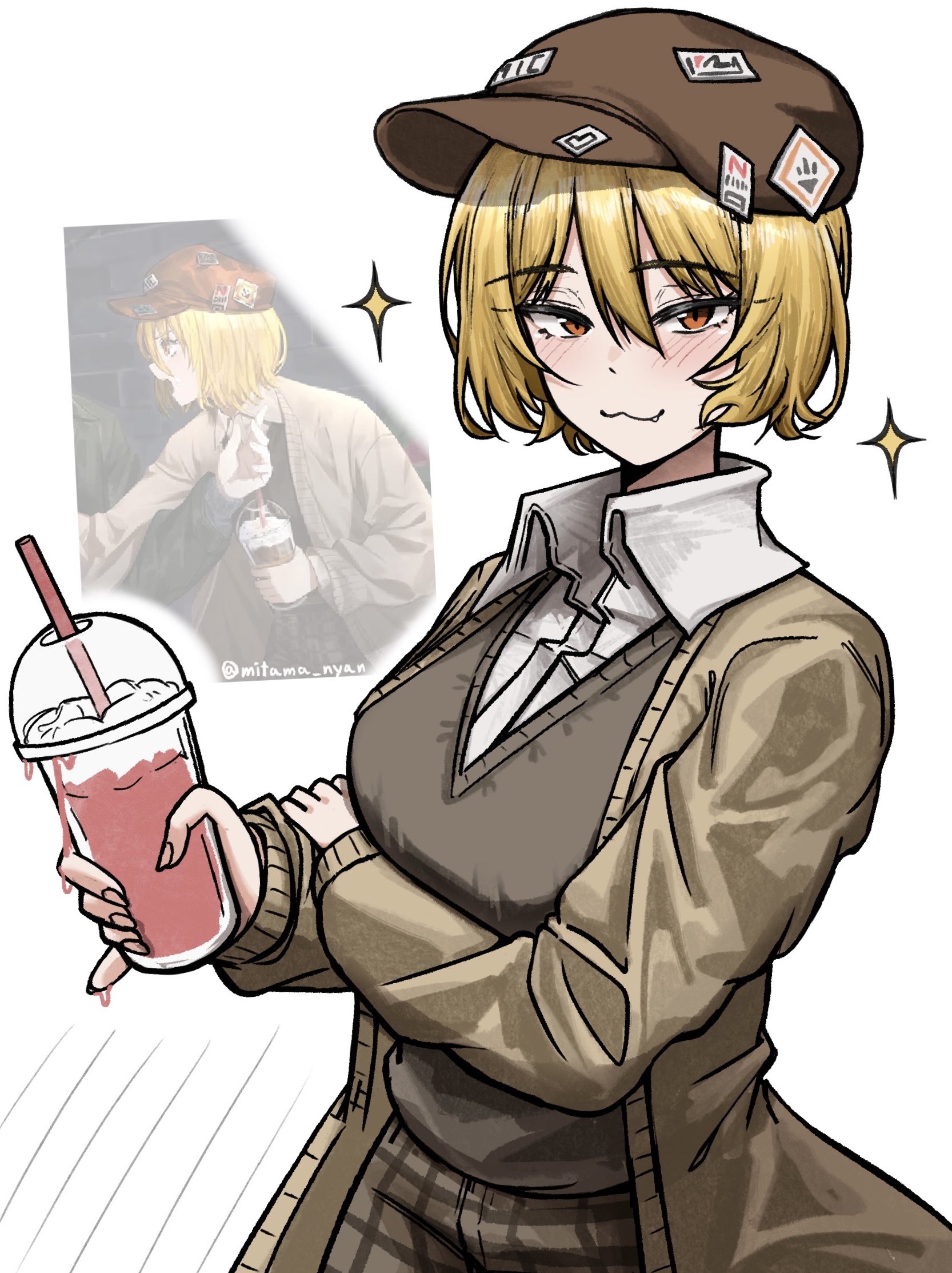 Safebooru - 1girl :3 blonde hair blush brown hat brown jacket collared ...