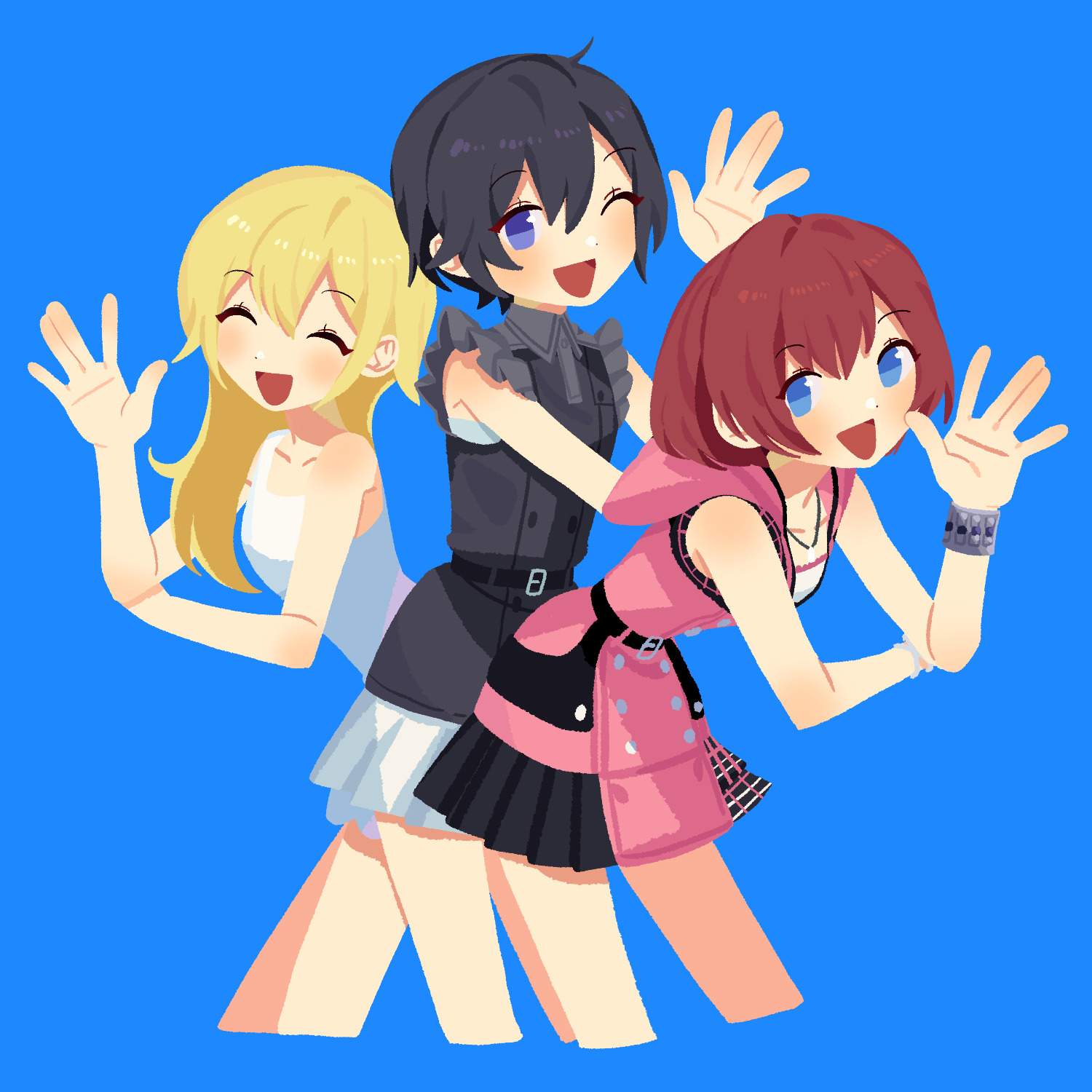 Safebooru - 3girls aqua background belt black belt black hair black ...